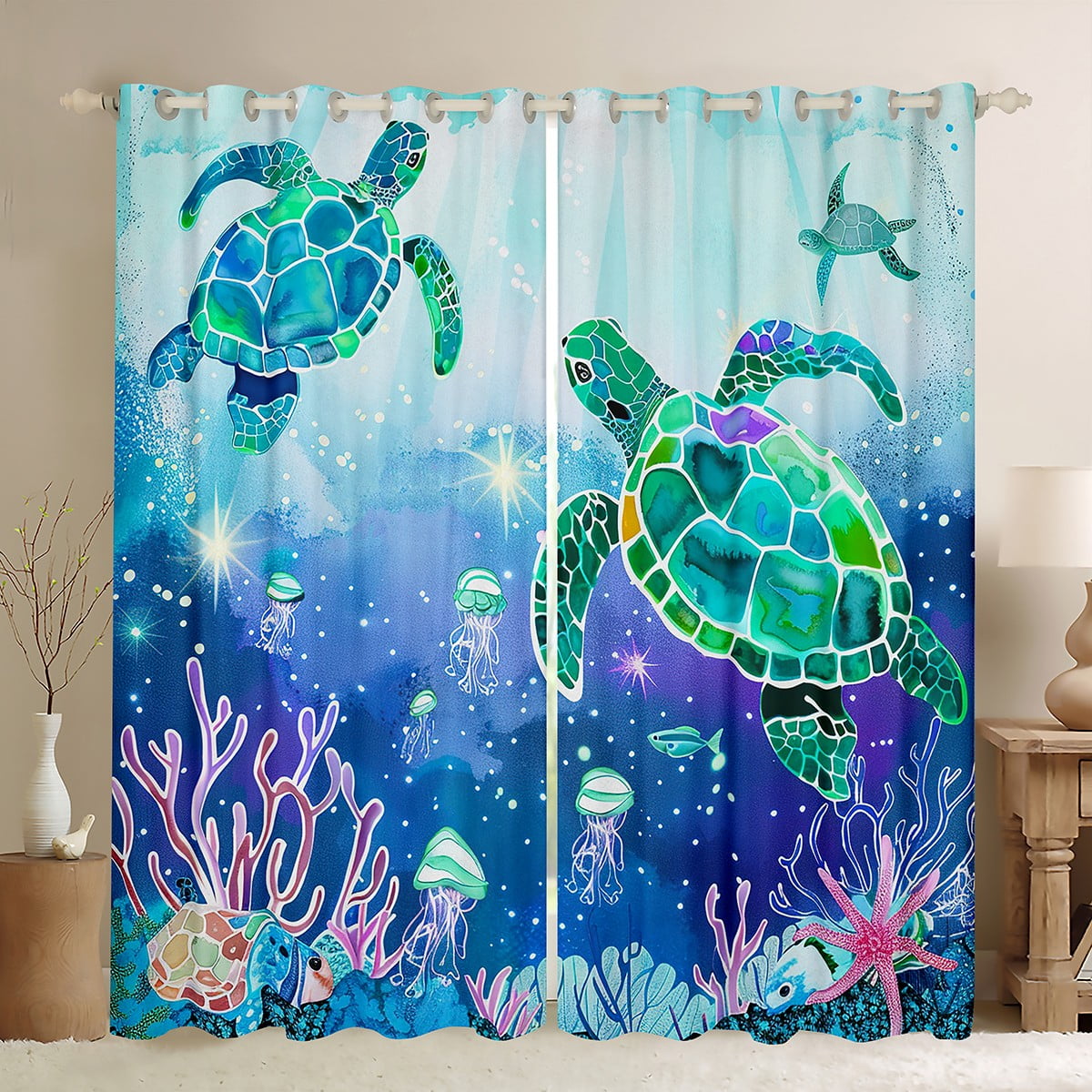Sea Turtle 30%-50% Blackout Curtains for Bedroom Coastal Curtains for ...