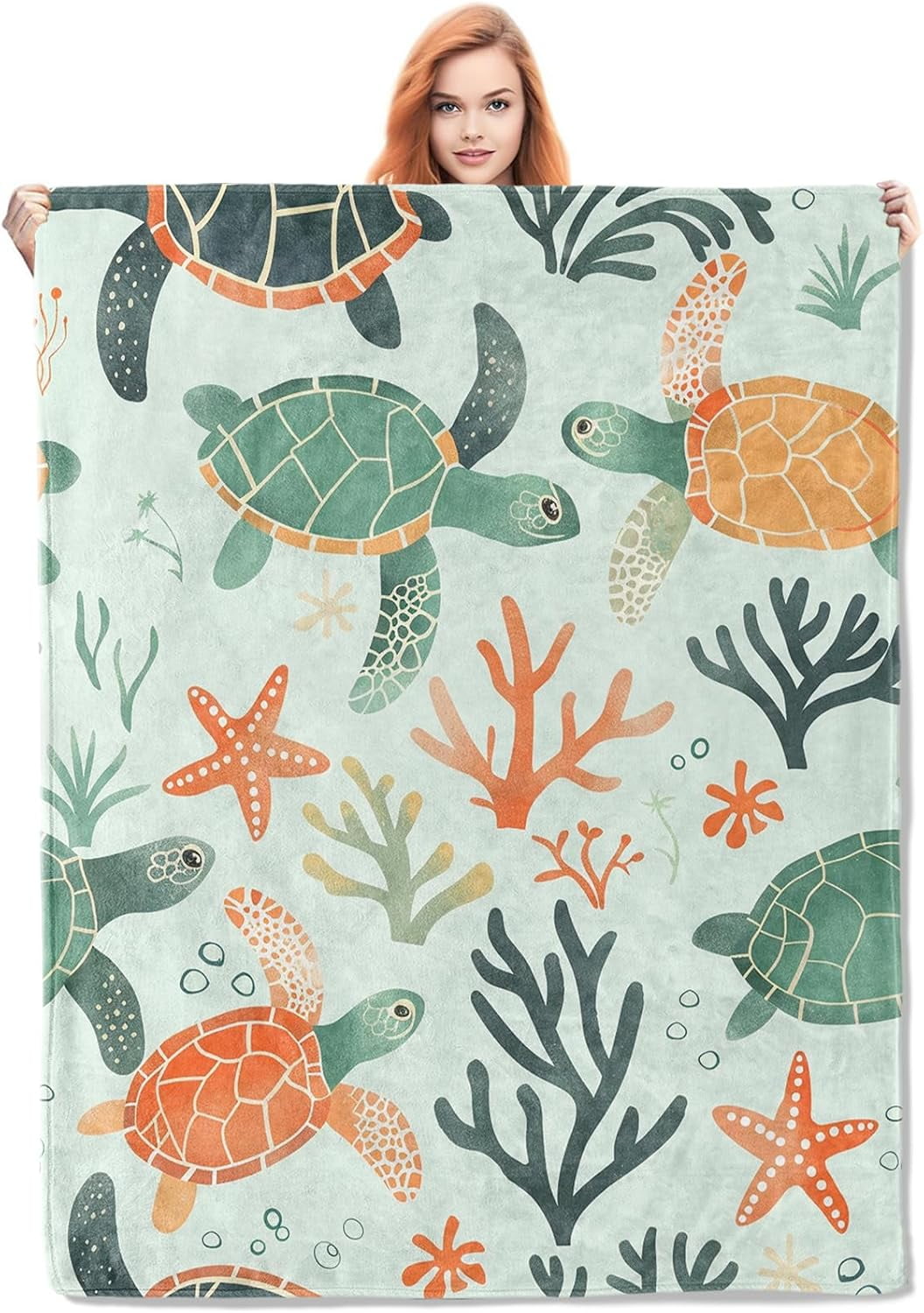 Sea Turtle Blanket, Ocean-Themed Nautical Fleece Throw with Colorful ...