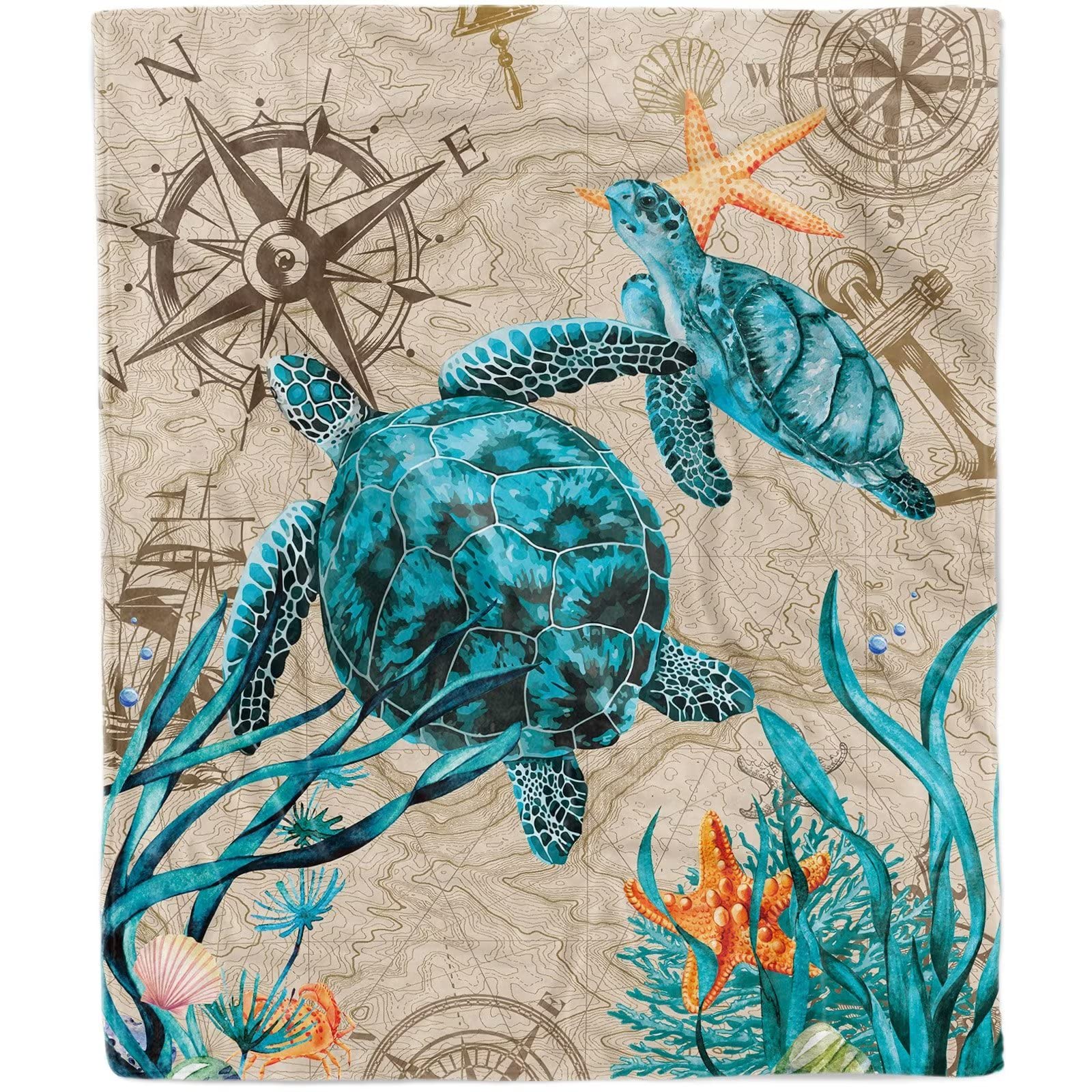 Sea Turtle Blanket Turtle Throw Blanket, Starfish Seashells Ocean Life ...