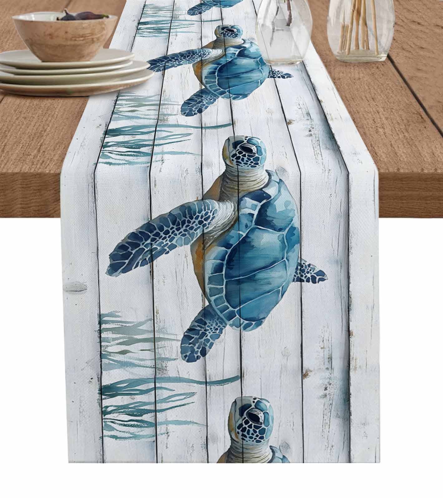 Sea Turtle Blue Burlap Cotton Table Runner 13x70 Inches Long, Coastal ...