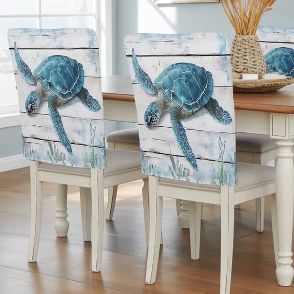 Sea Turtle Blue Chair Back Covers, Coastal Ocean Seaweed Wooden Grain ...