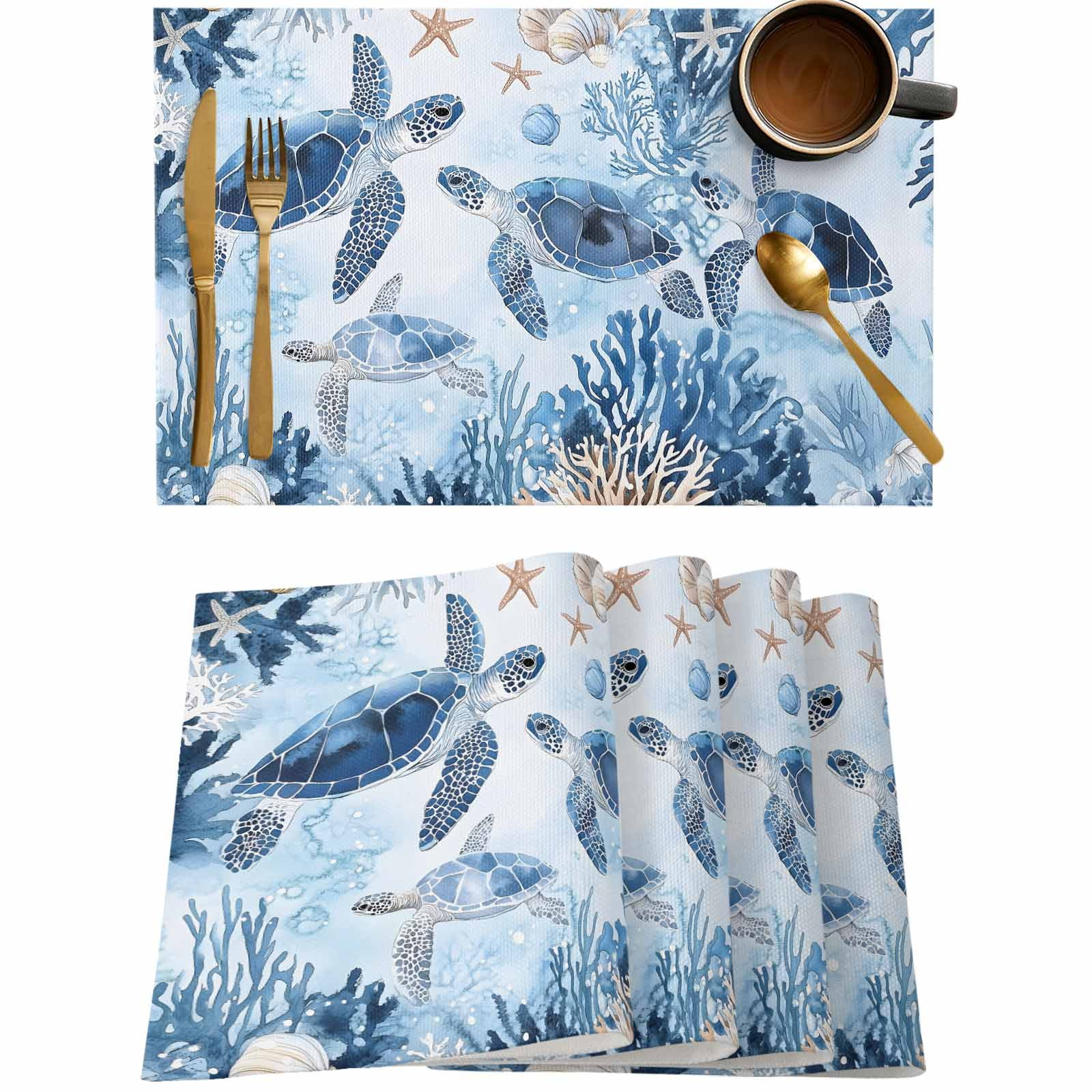Sea Turtle Blue Coral Placemats Set of 4,Wipeable Washable Table Mats ...