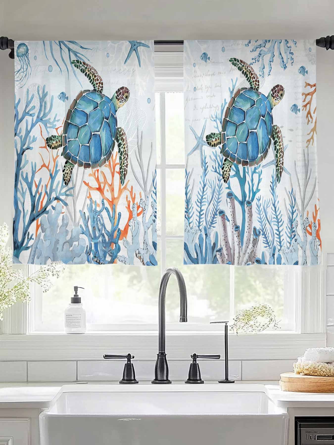 Sea Turtle Blue Coral Starfish Chiffon Sheer Curtains 45 Inches Long ...