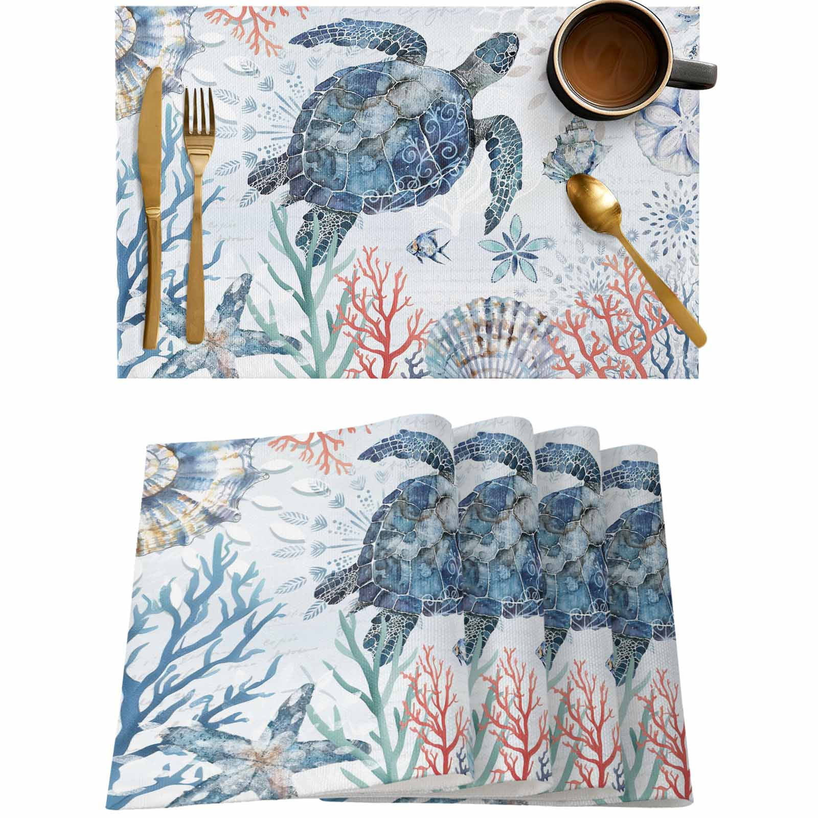 Sea Turtle Blue Ocean Shell Starfish Placemats Set of 4,Wipeable ...