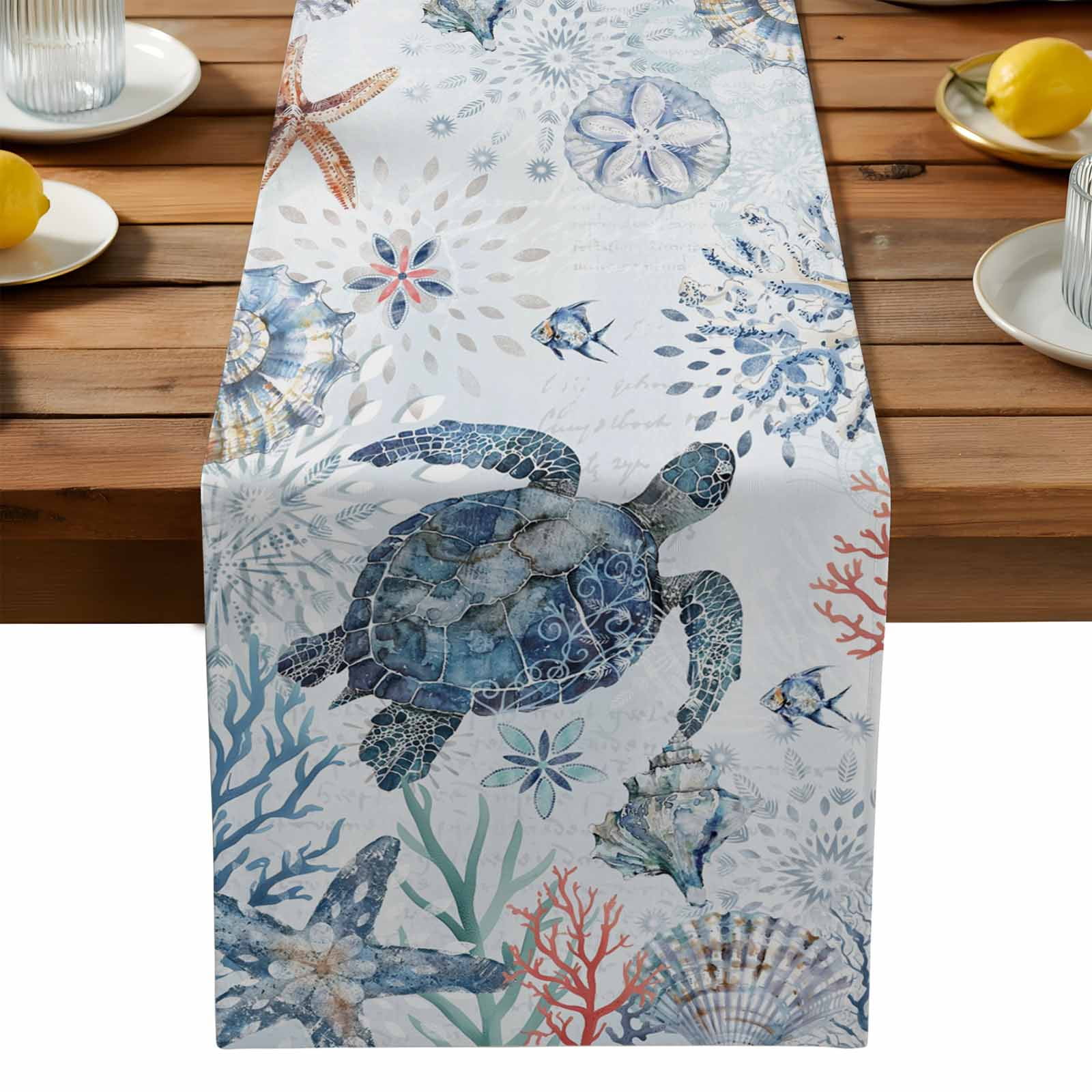 Sea Turtle Blue Ocean Shell Starfish Table Runners 13x70 Inches Long ...