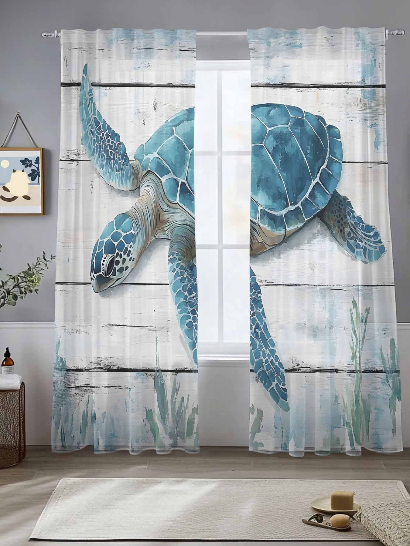 Sea Turtle Blue Sheer Curtains for Living Room Bedroom Coastal Ocean ...