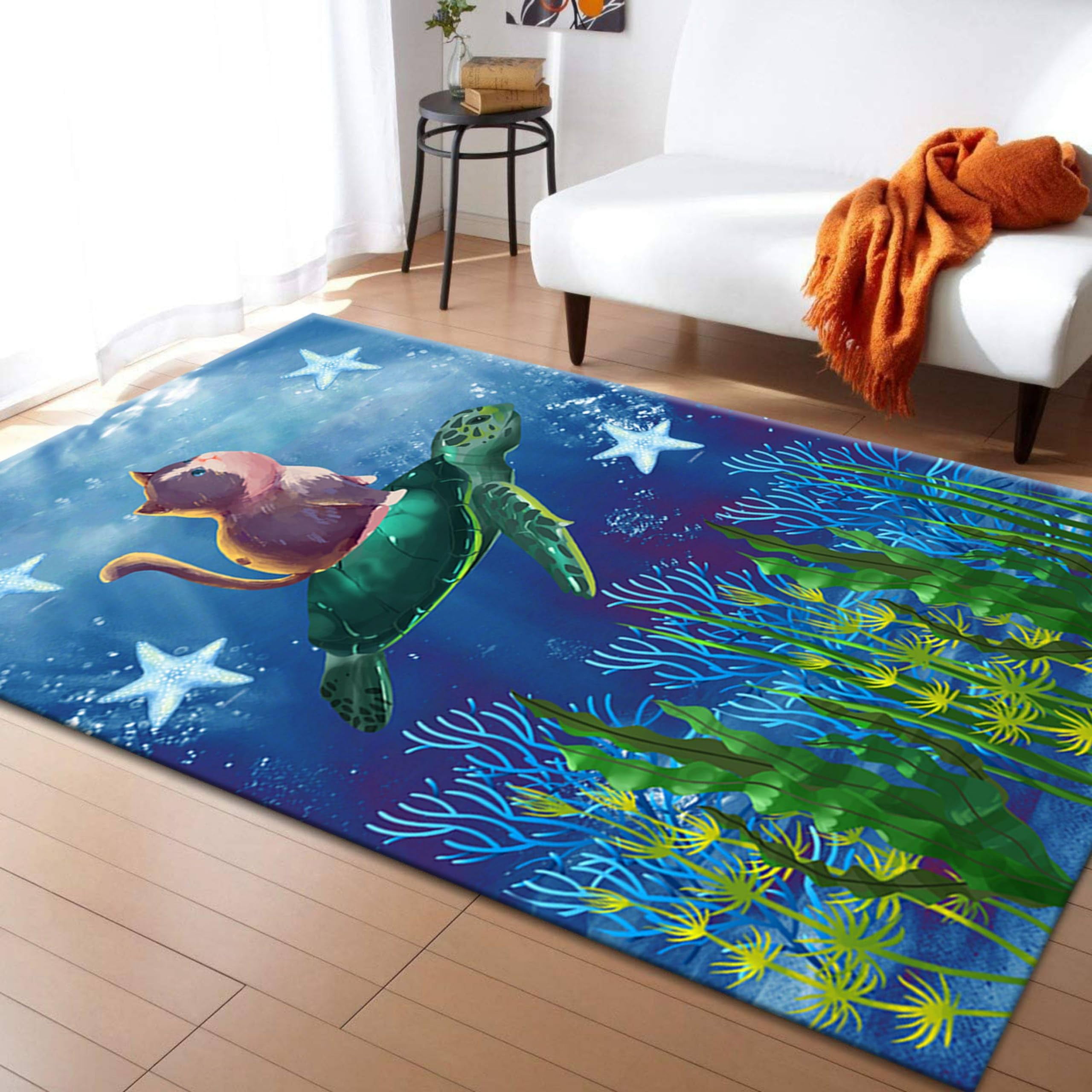 Sea Turtle Cat Area Rugs, Ocean Animal Seaweed Starfish Rug, Underwater ...