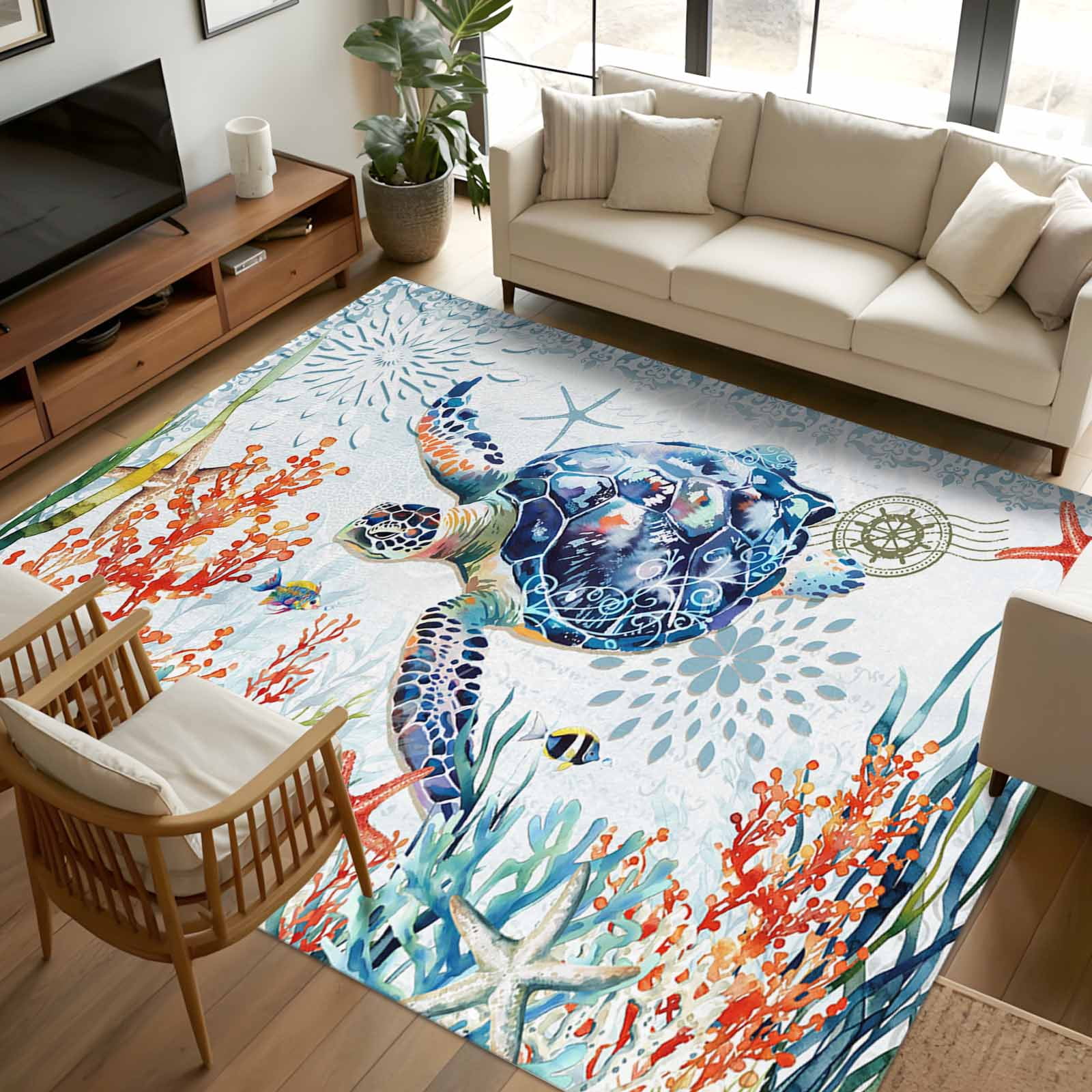 Sea Turtle Coastal 5x7 Area Rugs, Summer Beach Coral Ocean Nautical Non ...