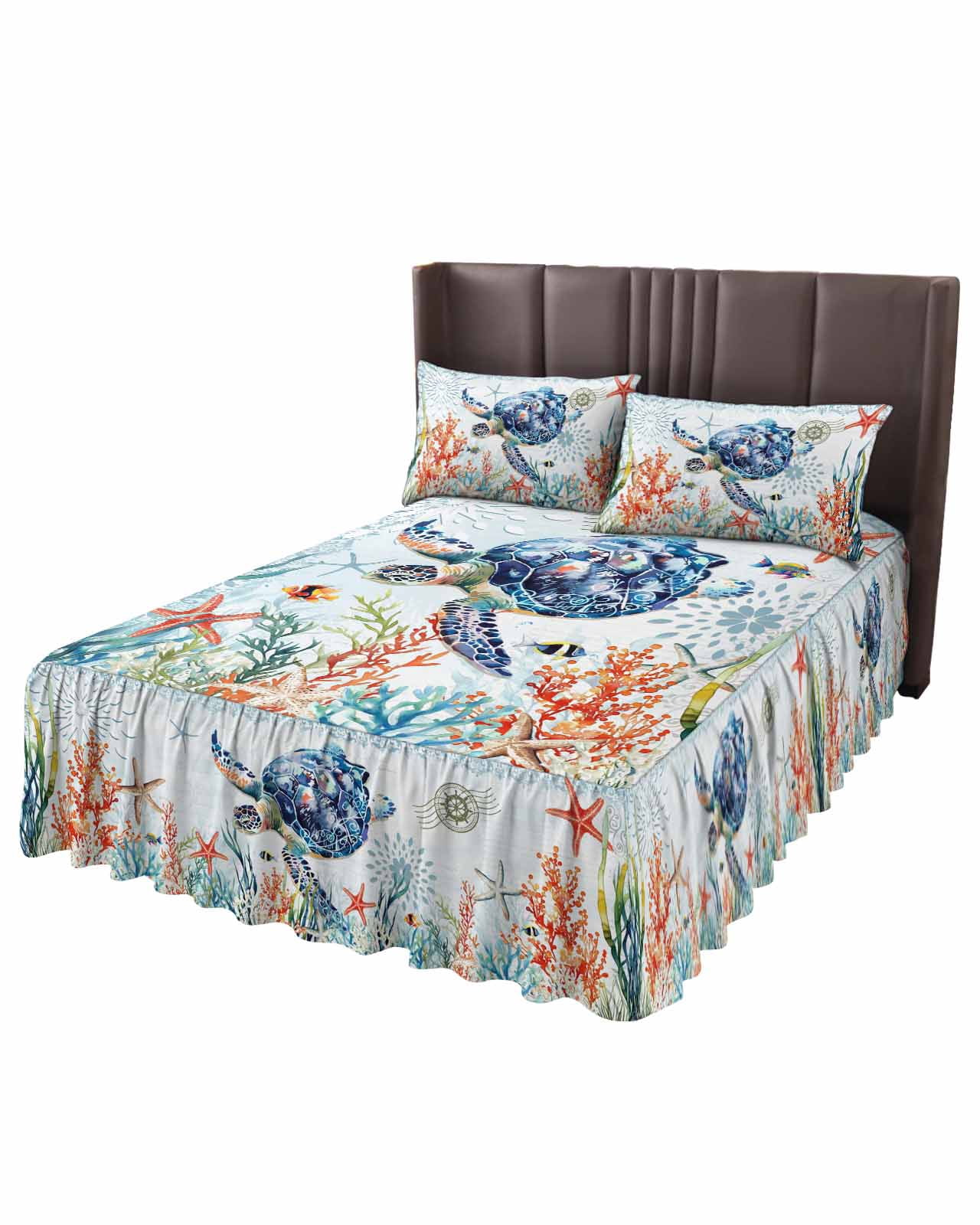 Sea Turtle Coastal Bed Skirt Full Size 18 Inch Drop, Summer Beach Coral ...
