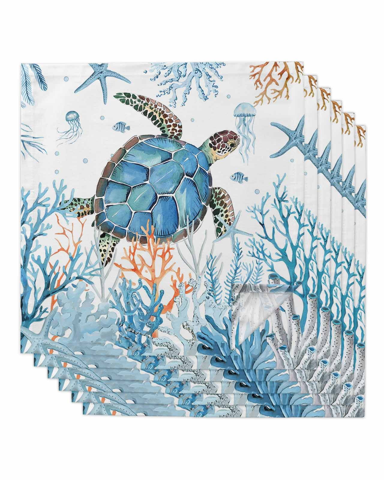Sea Turtle Coastal Cloth Napkins Washable Set of 6, Nautical Summer ...