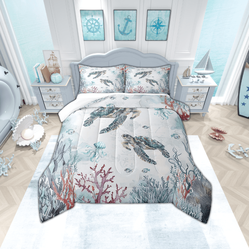 Sea Turtle Coastal Comforter Set Blue Ocean Coral Nautical Twin Bedding ...