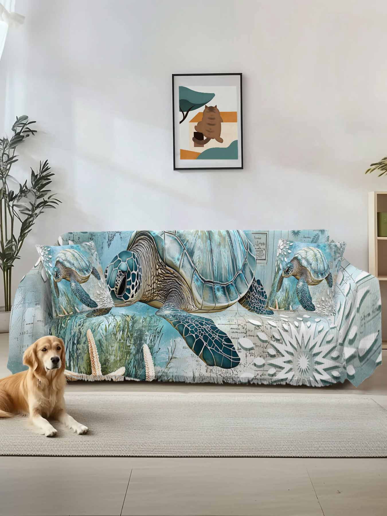 Sea Turtle Coastal Couch Cover for 2 Cushion Sofa, Summer Beach Teal ...