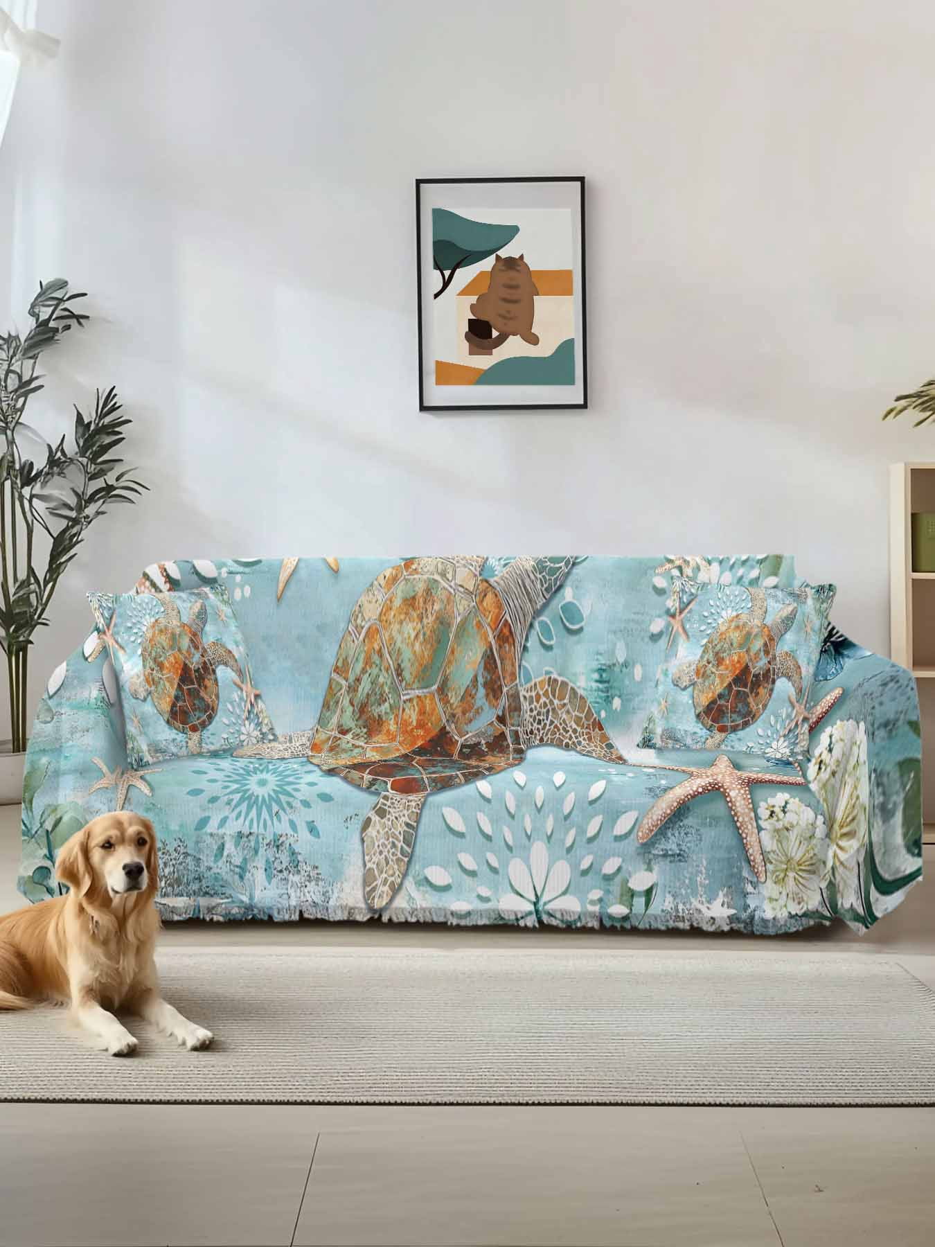 Sea Turtle Coastal Couch Cover for 2 Cushion Sofa, Teal Nautical ...