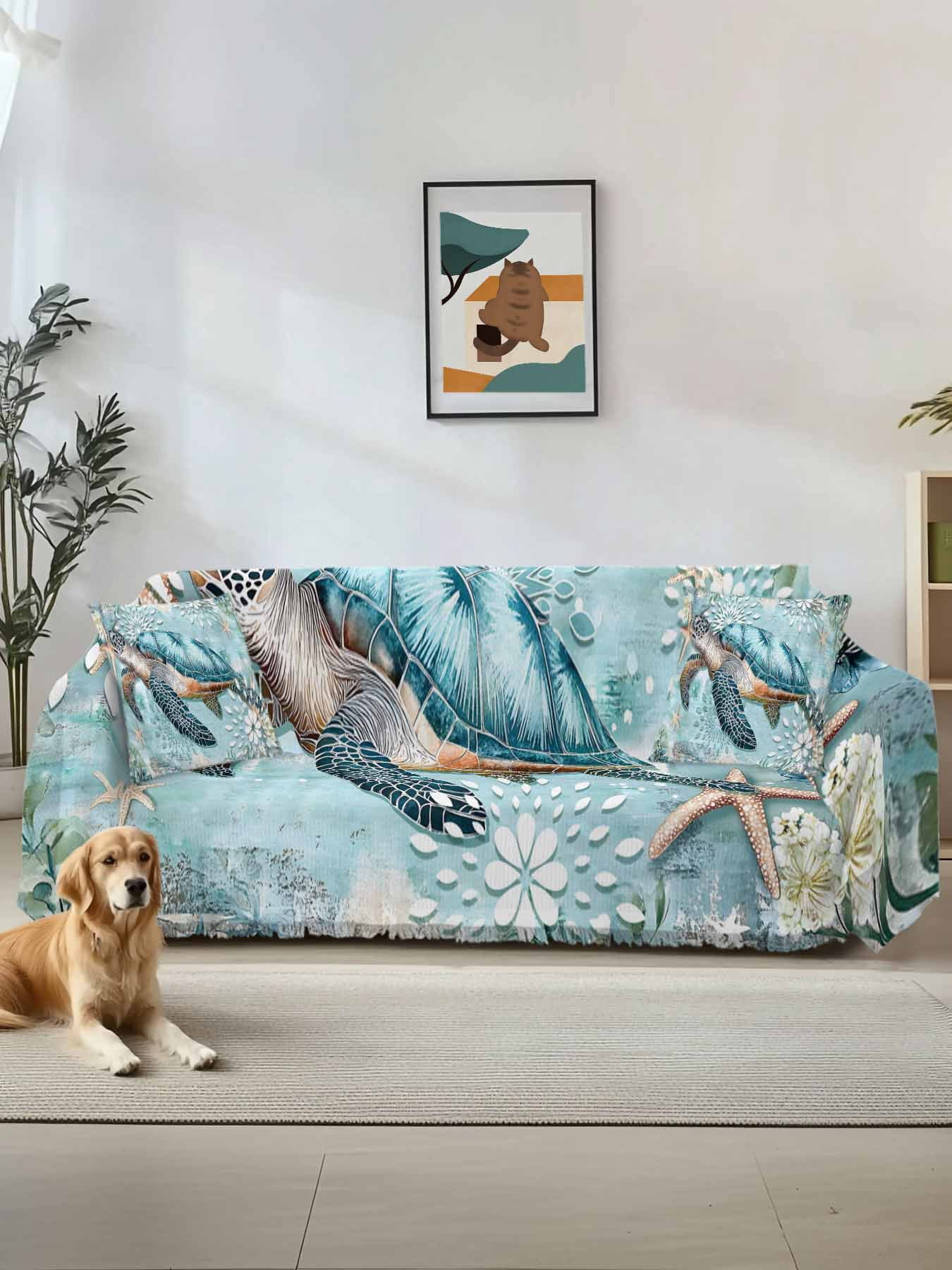 Sea Turtle Coastal Couch Cover for 2 Cushion Sofa, Vintage Teal ...