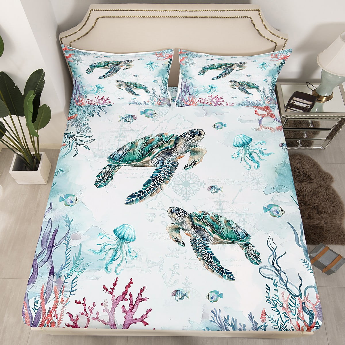 Sea Turtle Coastal Fitted Sheet Blue Ocean Coral Nautical Queen Bed ...