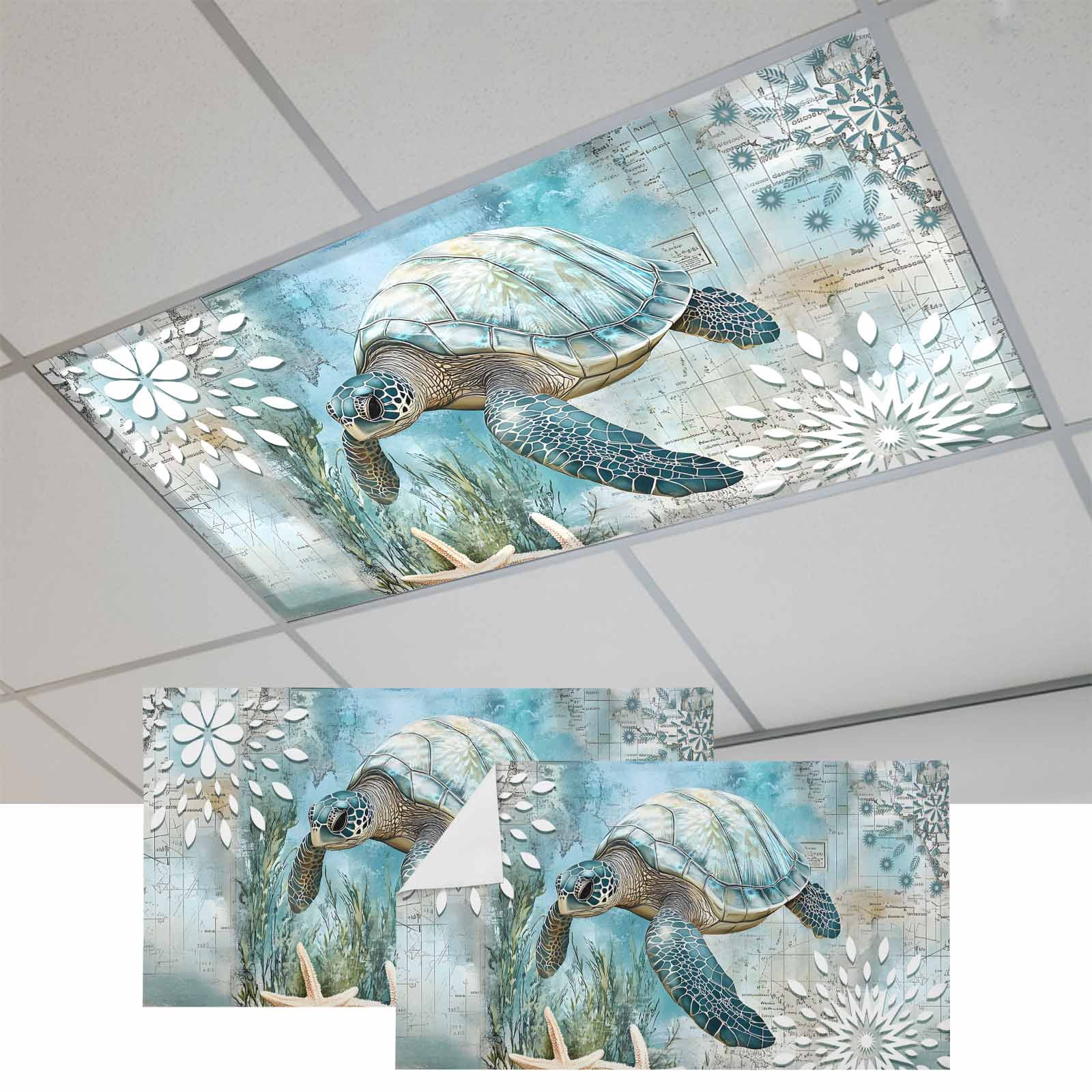Sea Turtle Coastal Fluorescent Light Covers, Summer Beach Teal Coral ...