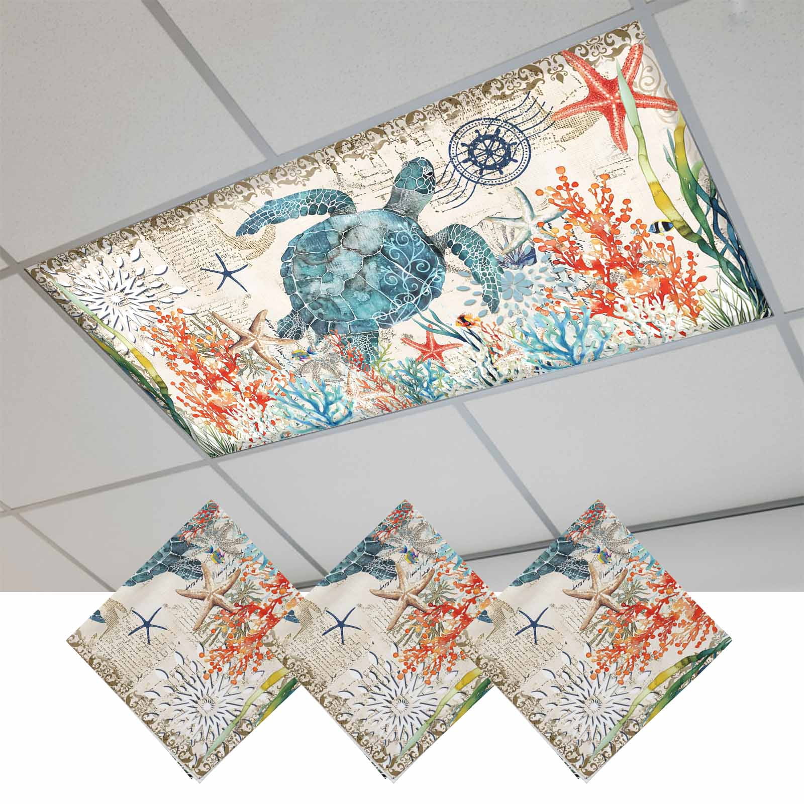 Sea Turtle Coastal Fluorescent Light Covers, Vintage Beach Coral ...
