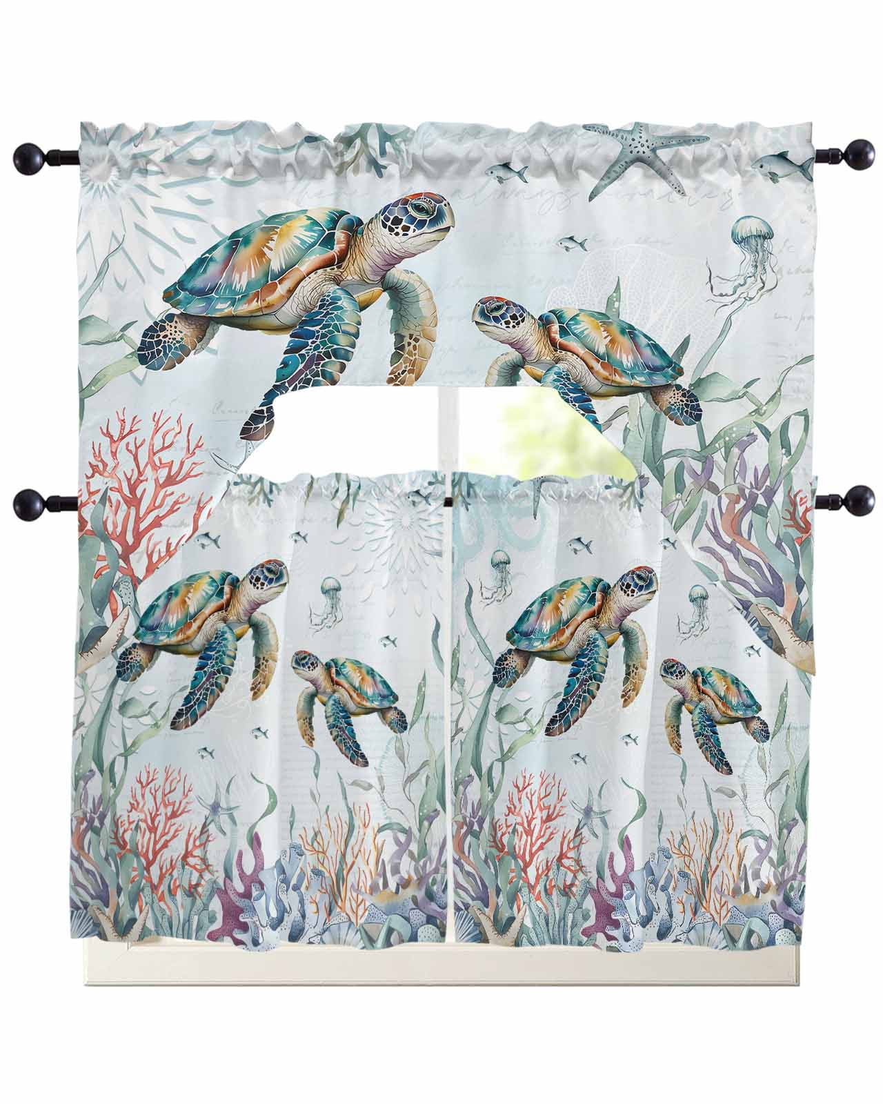 Sea Turtle Coastal Kitchen Curtains Sets 24 Inch Length with Valance ...
