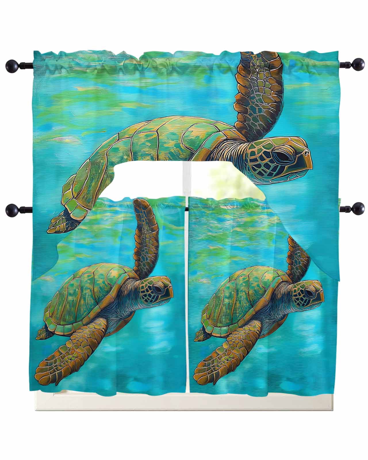 Sea Turtle Coastal Kitchen Curtains Sets 24 Inch Length with Valance ...