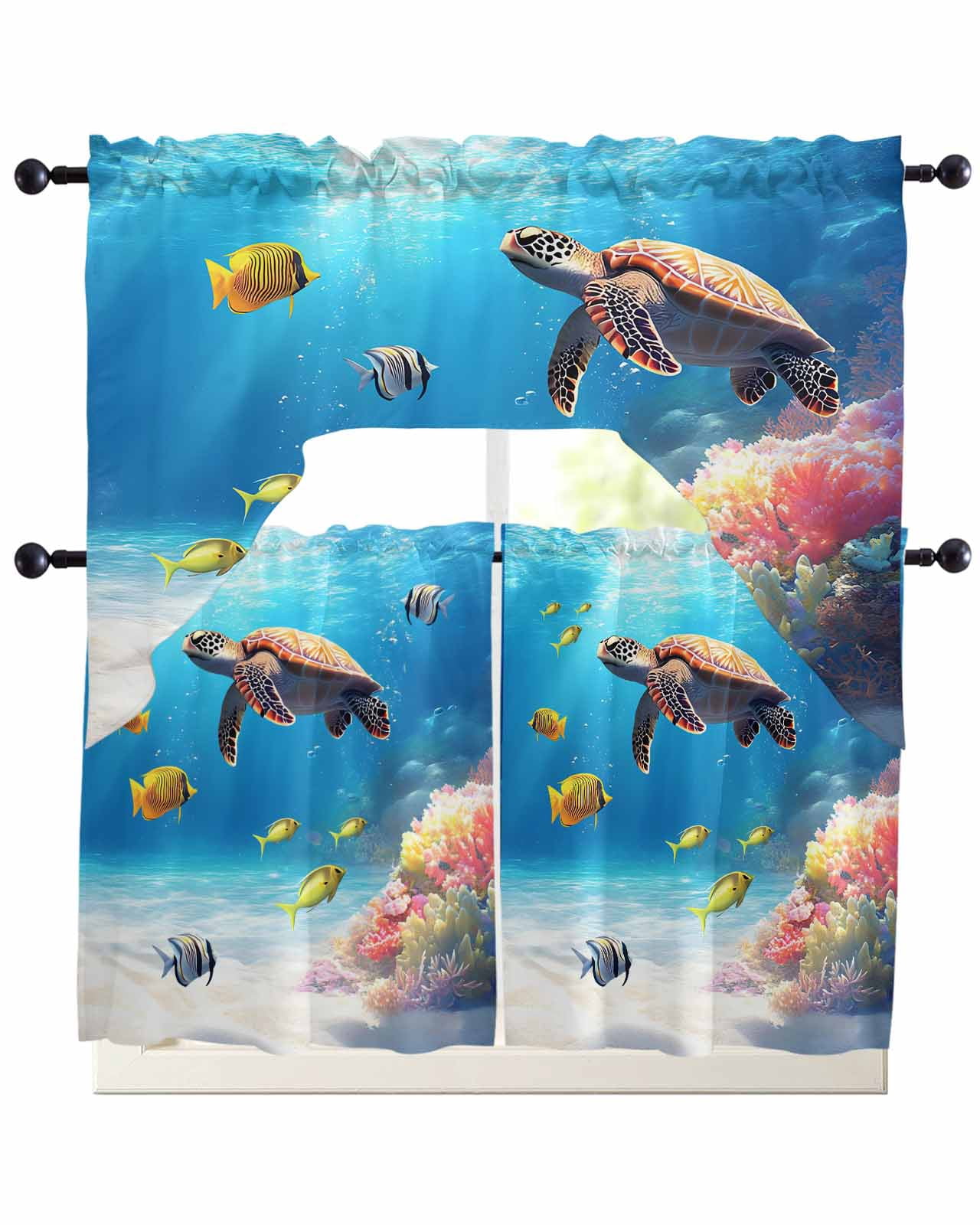 Sea Turtle Coastal Kitchen Curtains Swag Valance and Tier Curtains Set ...