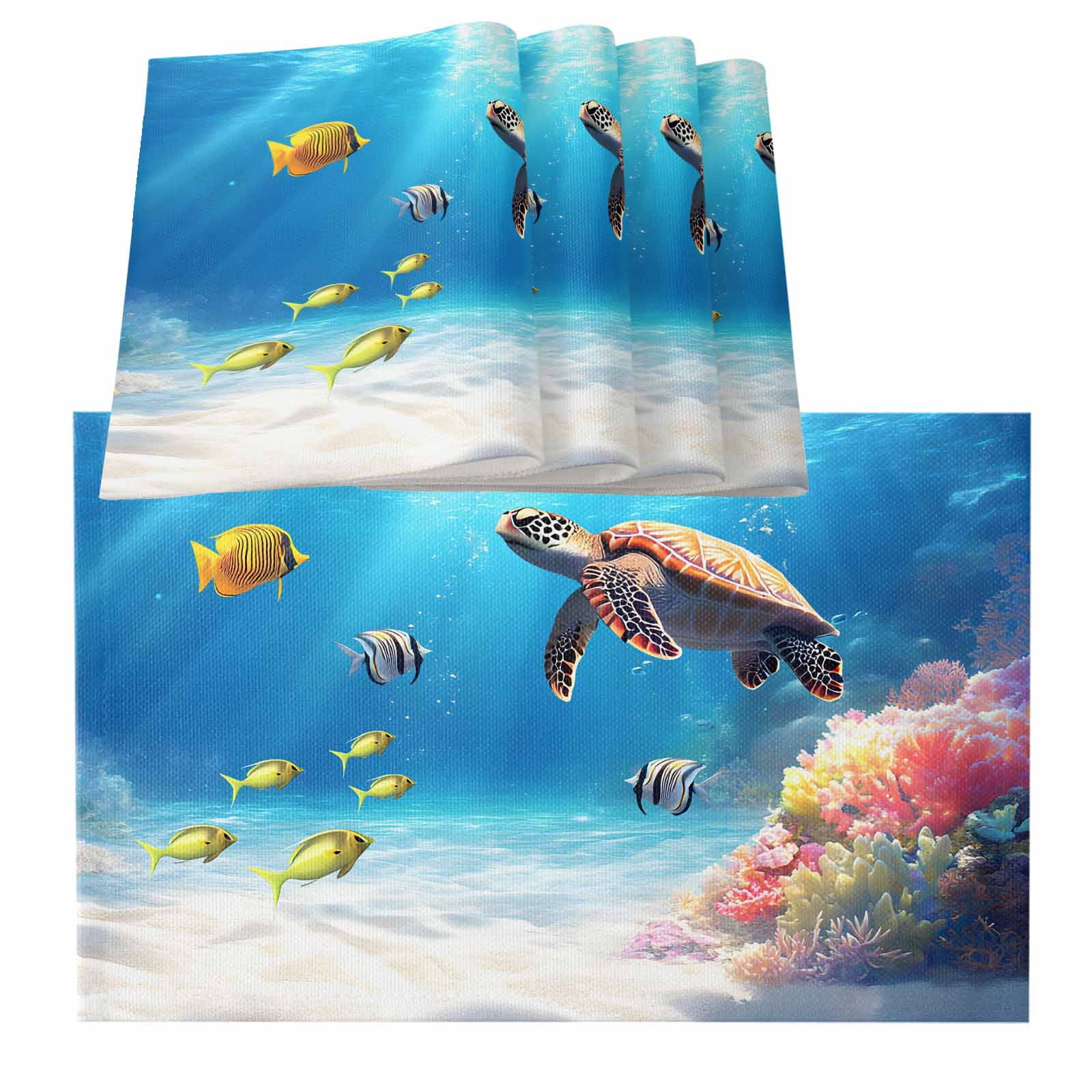 Sea Turtle Coastal Placemats for Dinning Table Set of 4, Summer Beach ...