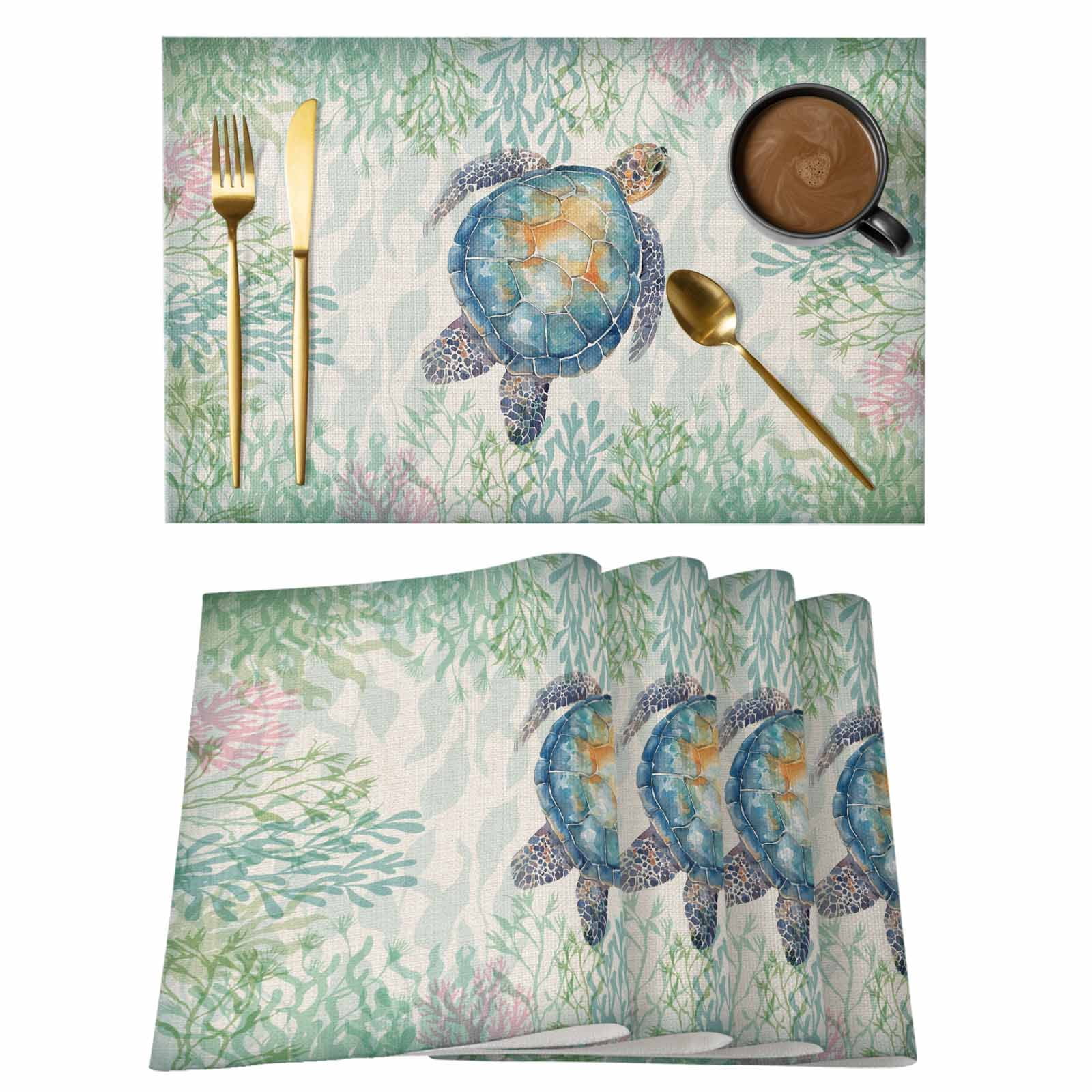 Sea Turtle Coastal Placemats Set of 4, Blue Green Summer Beach Coral ...