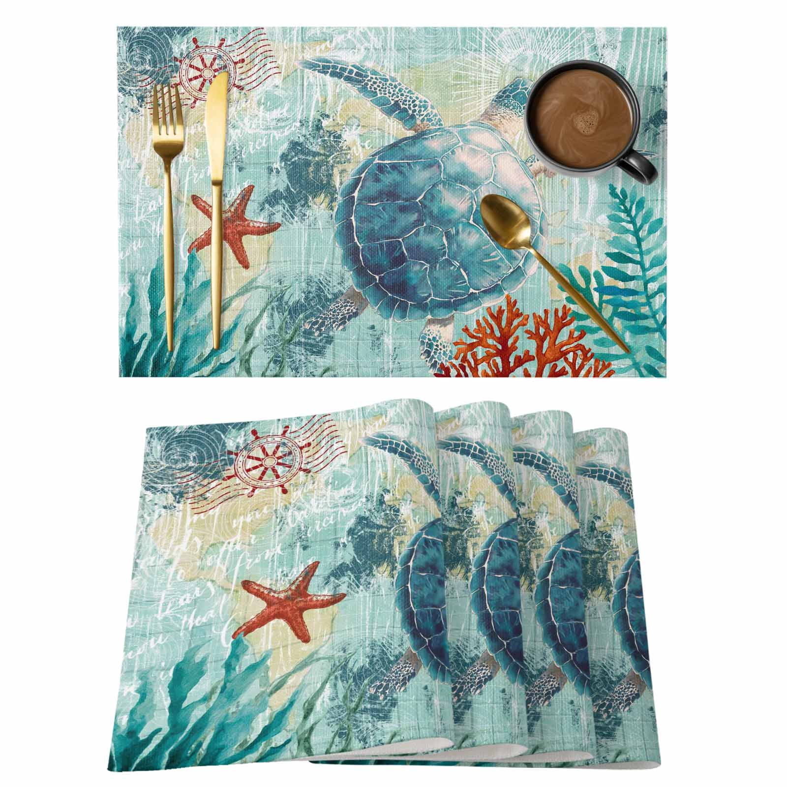 Sea Turtle Coastal Placemats Set of 4, Turquoise Nautical Summer Coral ...