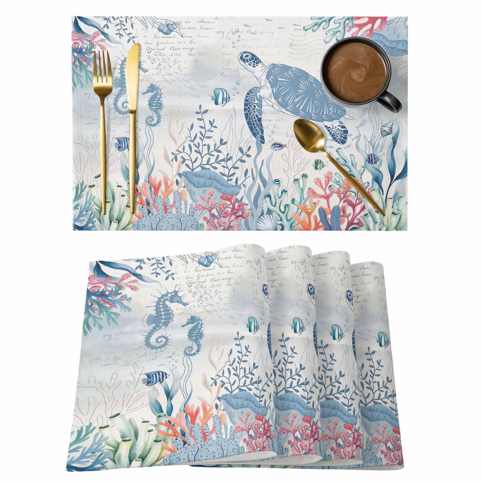 Sea Turtle Coastal Placemats Set of 8, Beach Nautical Ocean Coral ...
