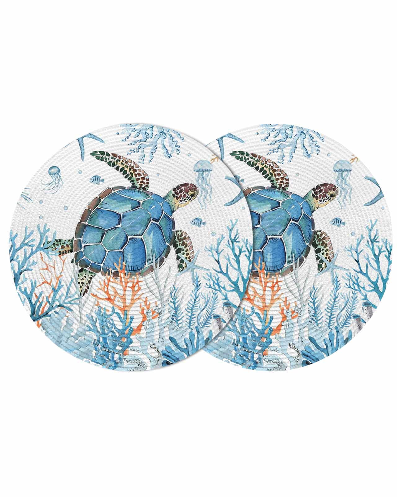 Sea Turtle Coastal Round 13 Inch Placemats Set of 2, Nautical Summer ...