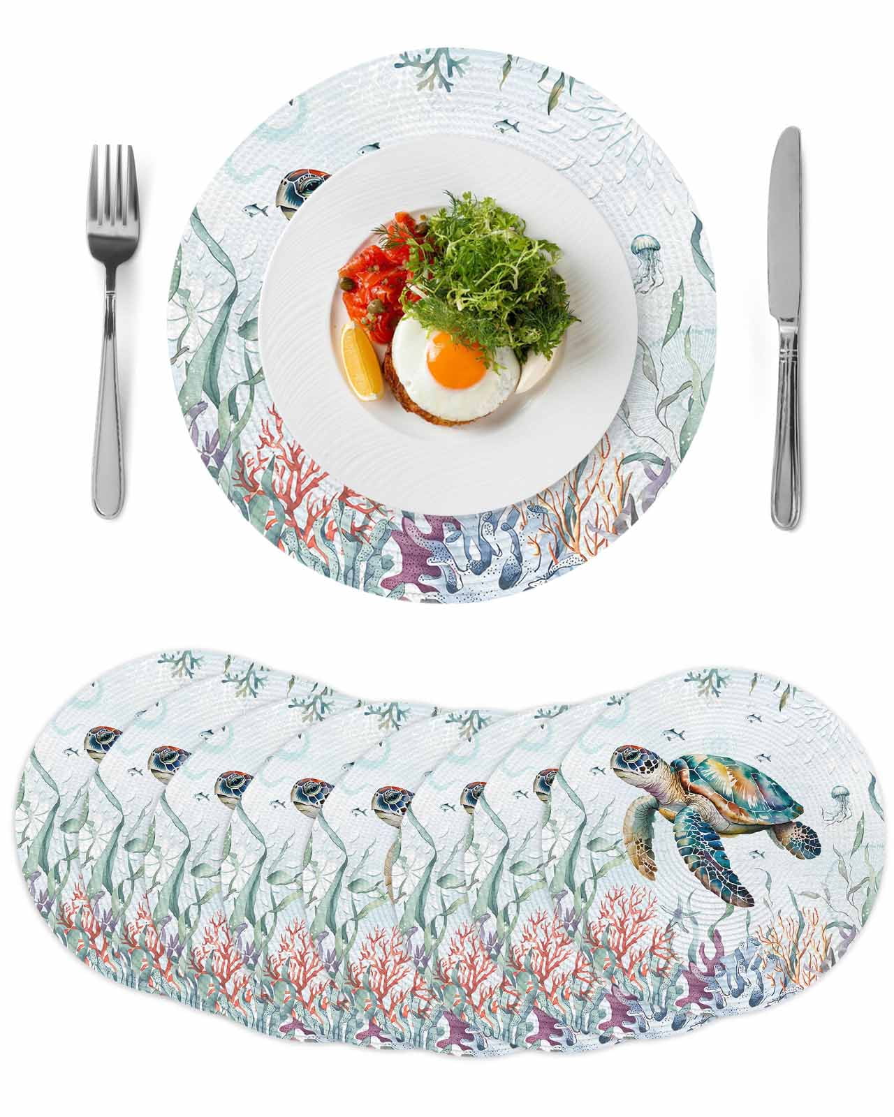 Sea Turtle Coastal Round 13 Inch Placemats Set of 8, Summer Beach Coral ...