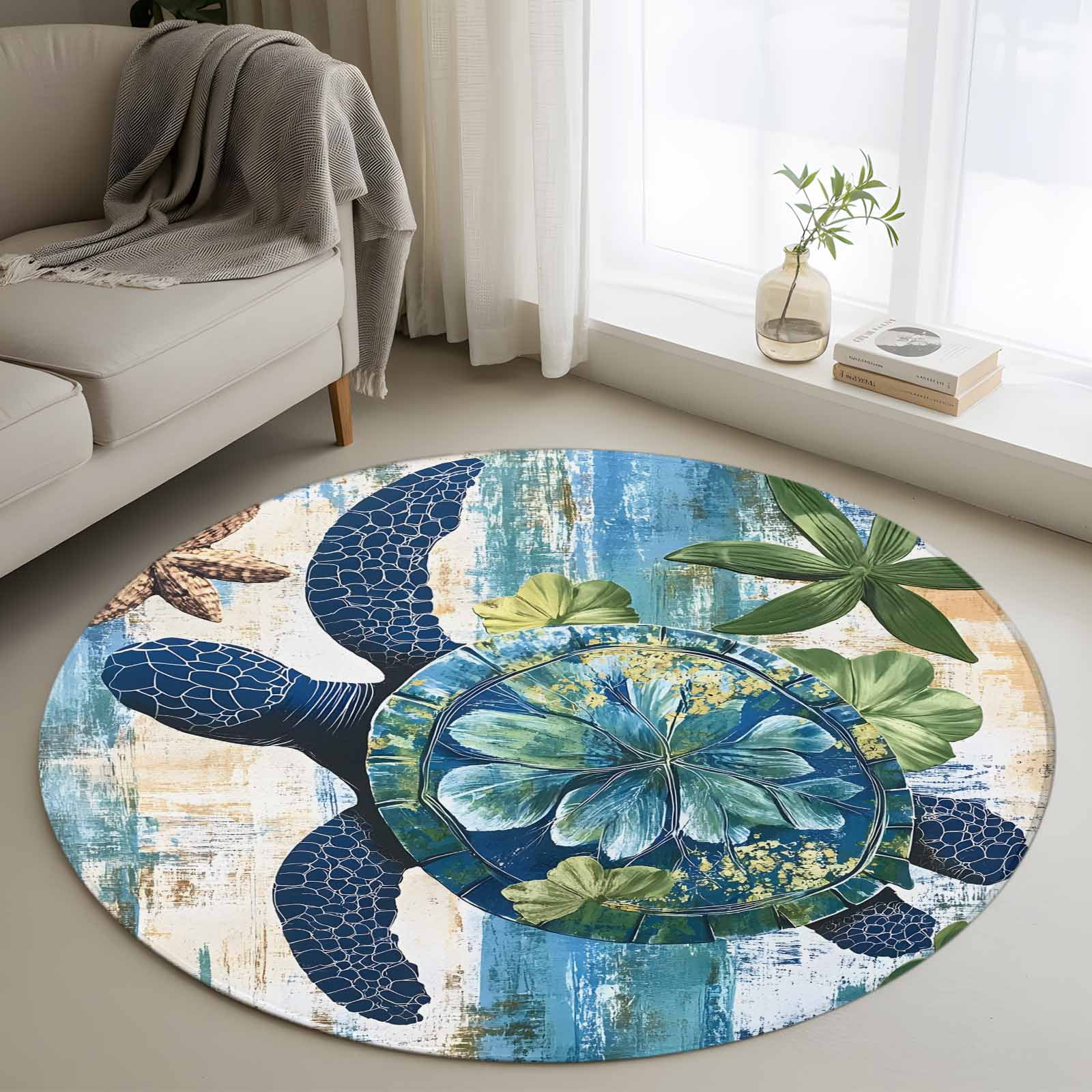 Sea Turtle Coastal Round Rug 4ft Washable Circle Entryway Rugs Non Slip ...