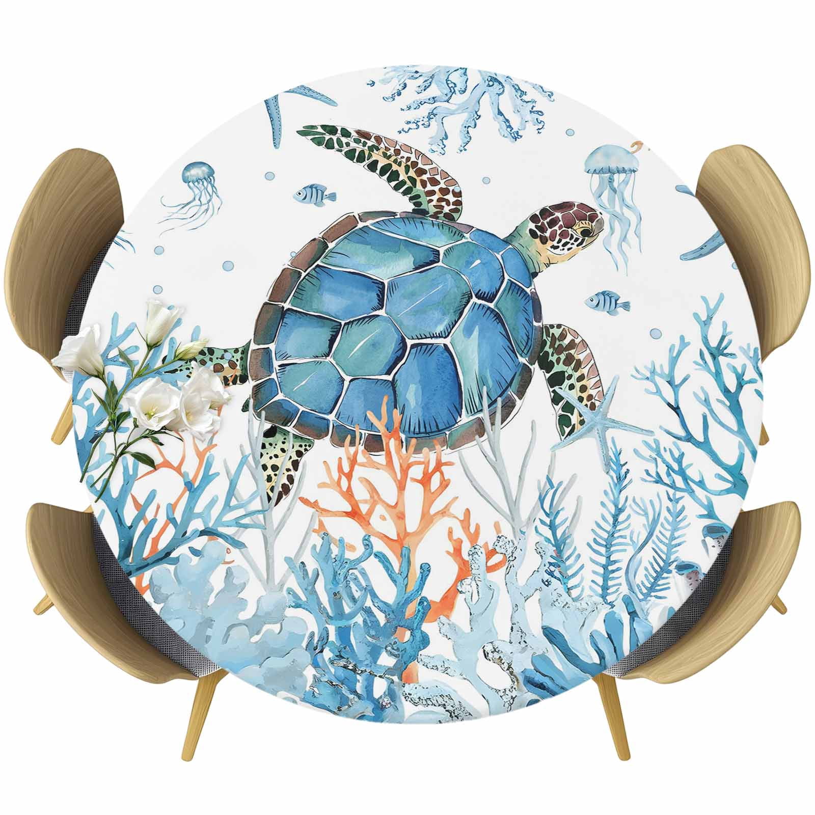 Sea Turtle Coastal Round Tablecloth, Fitted Table Cover with Elastic ...
