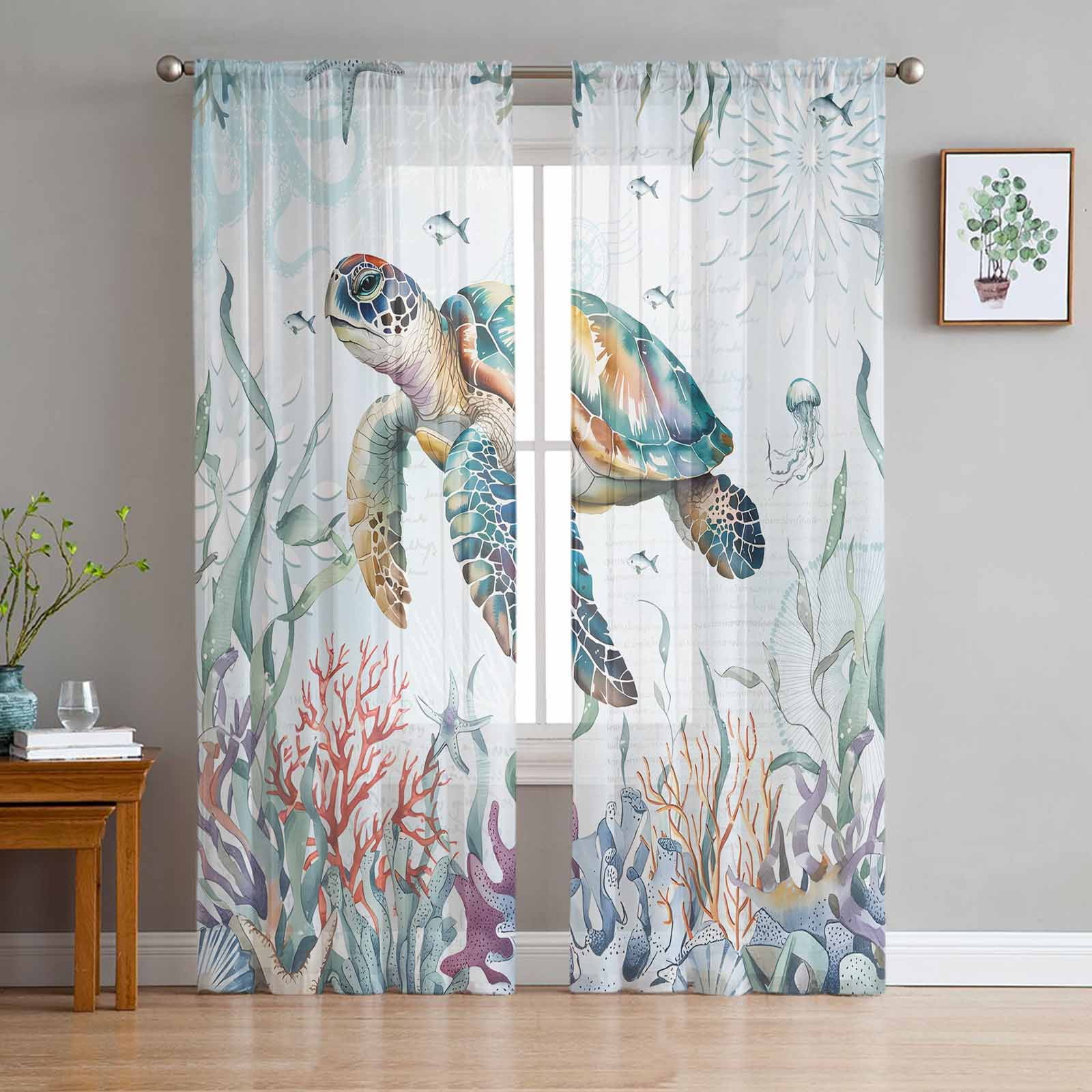 Sea Turtle Coastal Semi Sheer Curtains 96 Inch Length 2 Panels Set ...