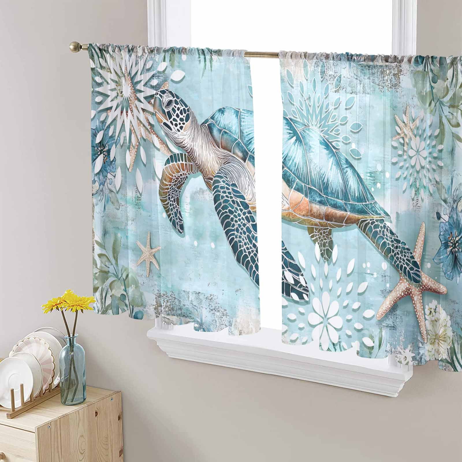 Sea Turtle Coastal Sheer Curtains 45 Inch Length 2 Panels Set for ...