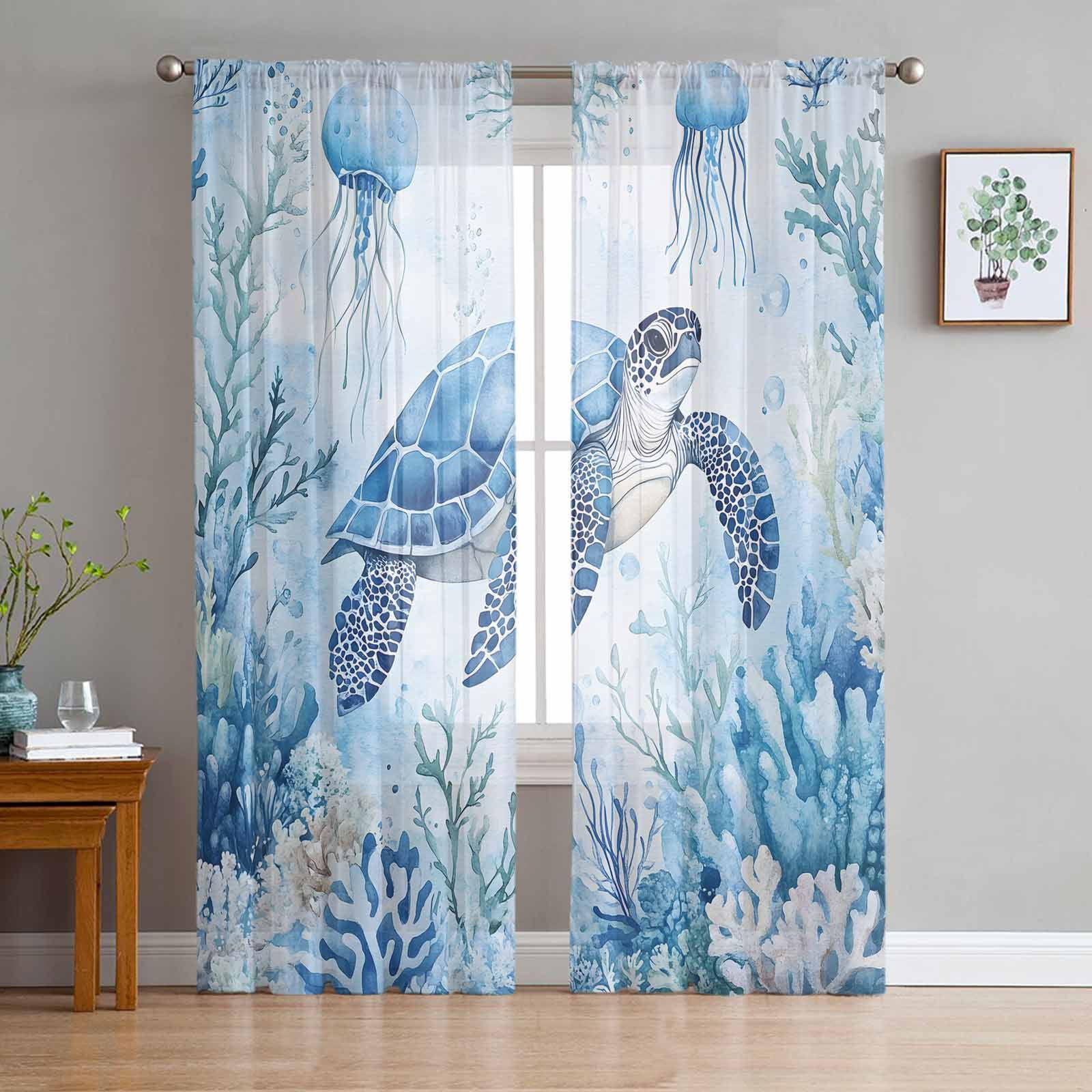 Sea Turtle Coastal Sheer Curtains 96 Inch Length 2 Panels Set for ...