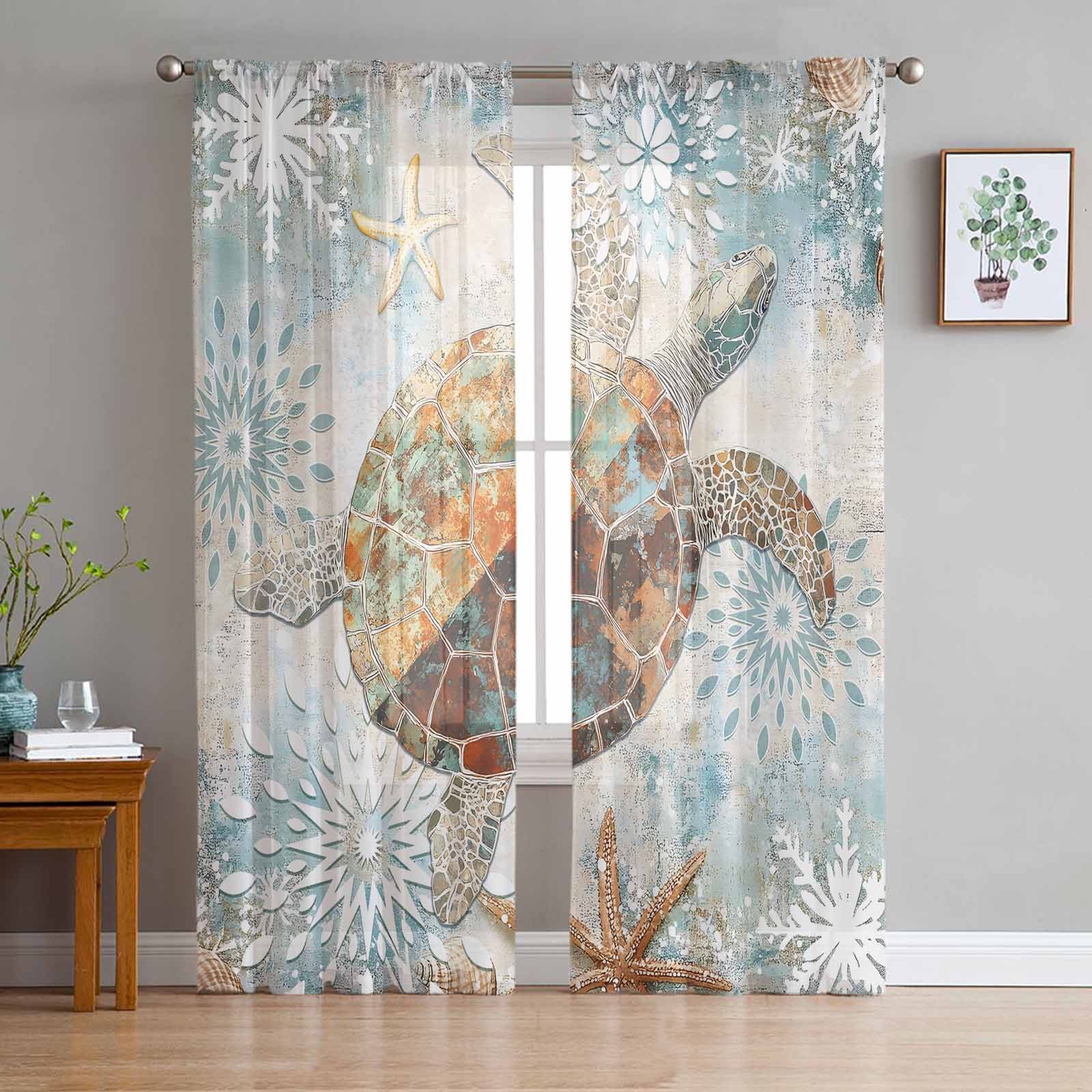 Sea Turtle Coastal Sheer Curtains 96 Inch Length 2 Panels Set for ...