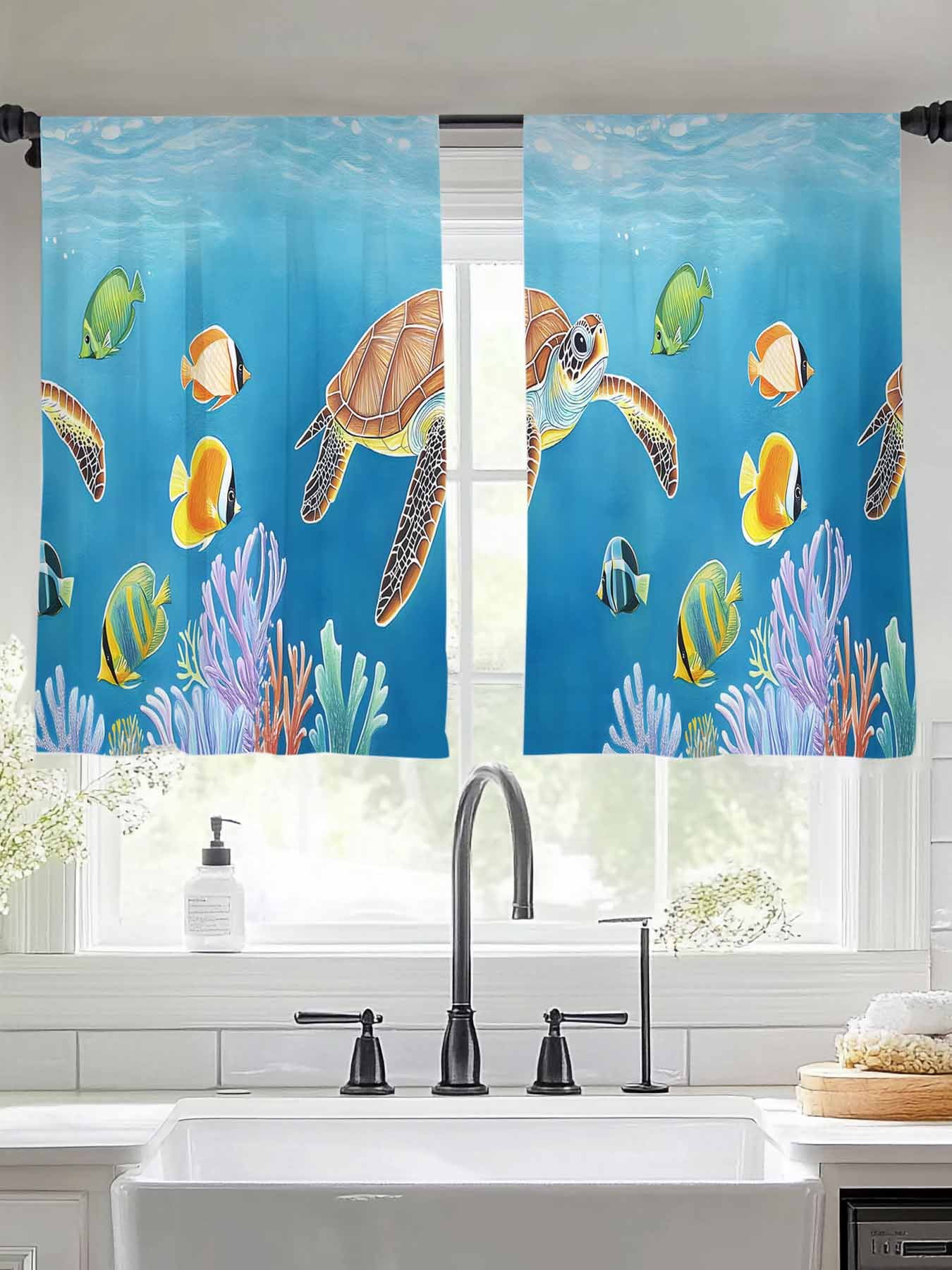 Sea Turtle Coastal Sheer Curtains for Living Room Bedroom Cartoon Ocean ...