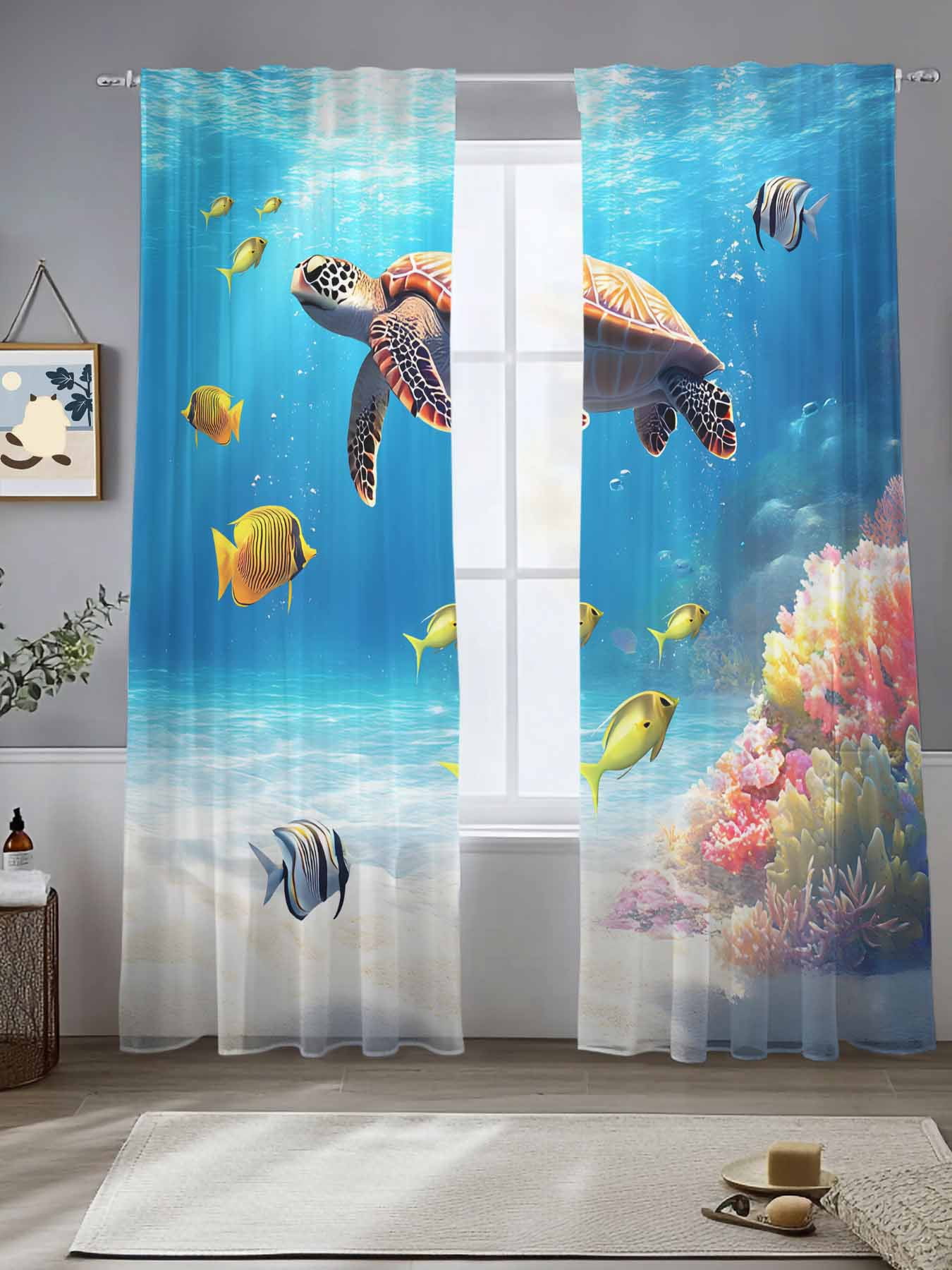 Sea Turtle Coastal Sheer Curtains for Living Room Bedroom Summer Beach Coral Ocean Fishes Sheer ...