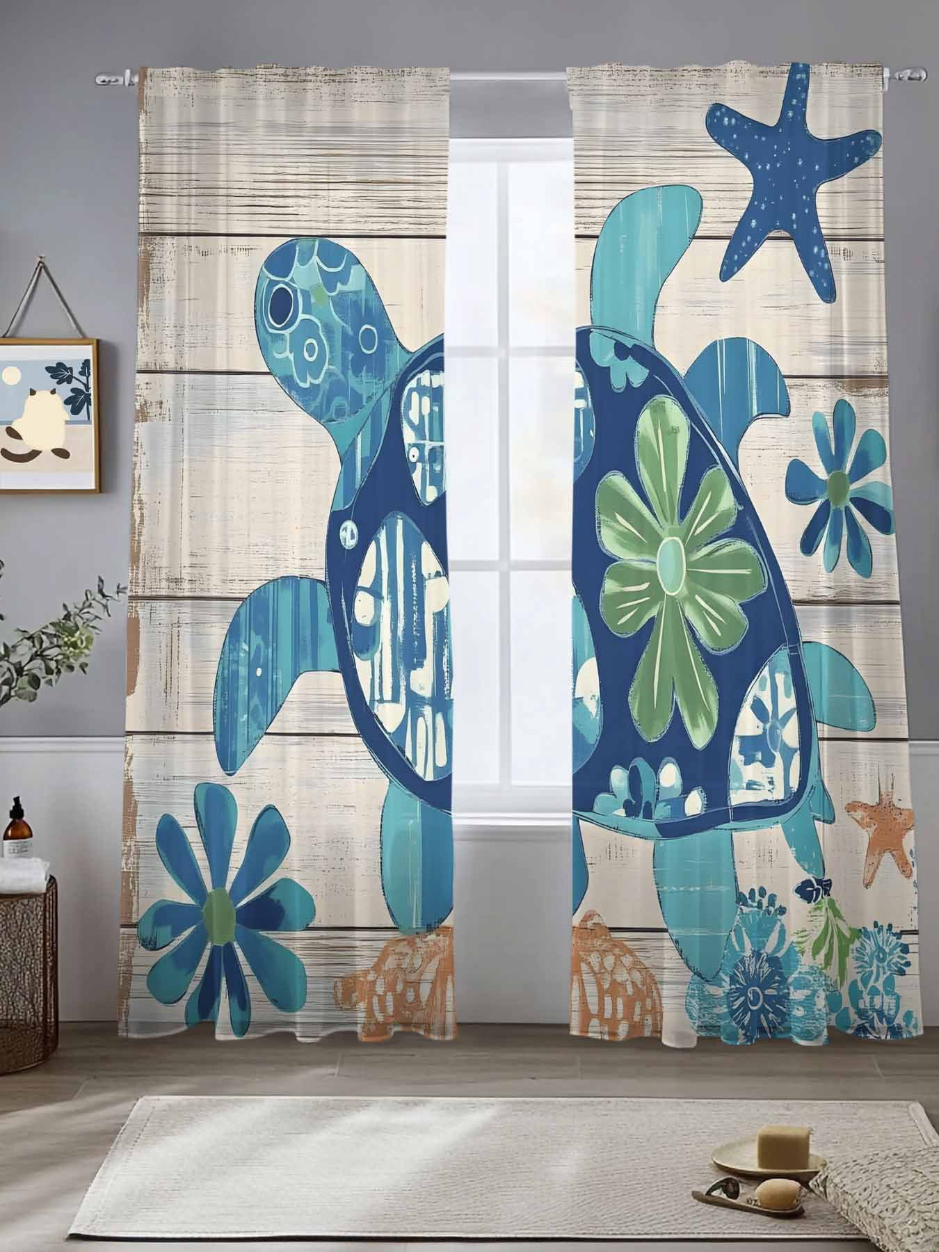 Sea Turtle Coastal Sheer Curtains for Living Room Bedroom Summer Beach ...