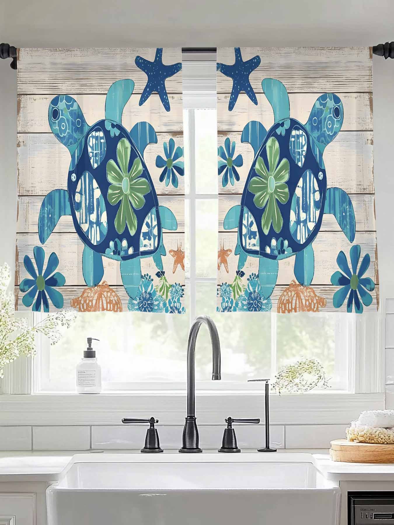 Sea Turtle Coastal Sheer Curtains for Living Room Bedroom Summer Beach ...