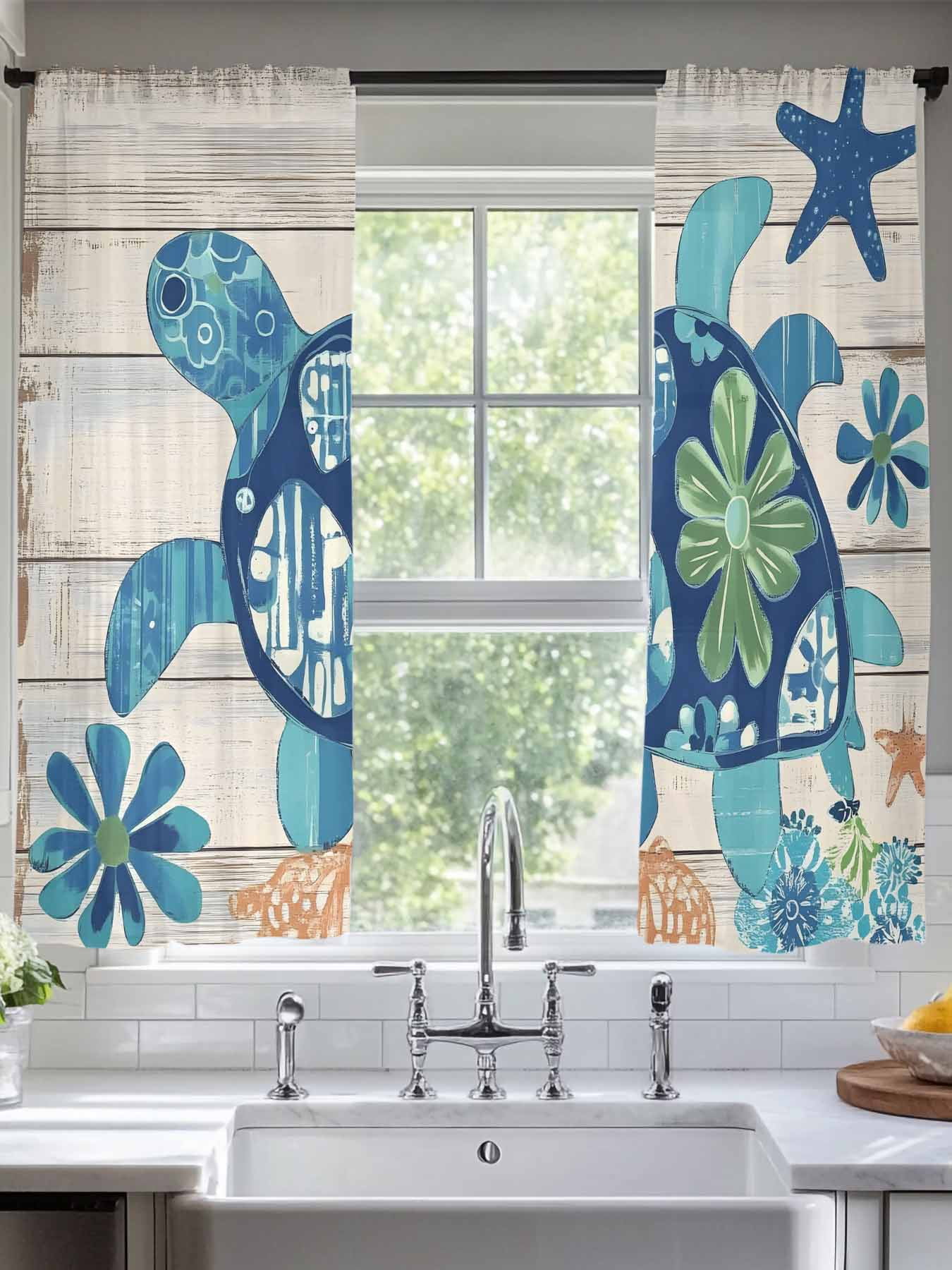 Sea Turtle Coastal Sheer Curtains for Living Room Bedroom Summer Beach ...