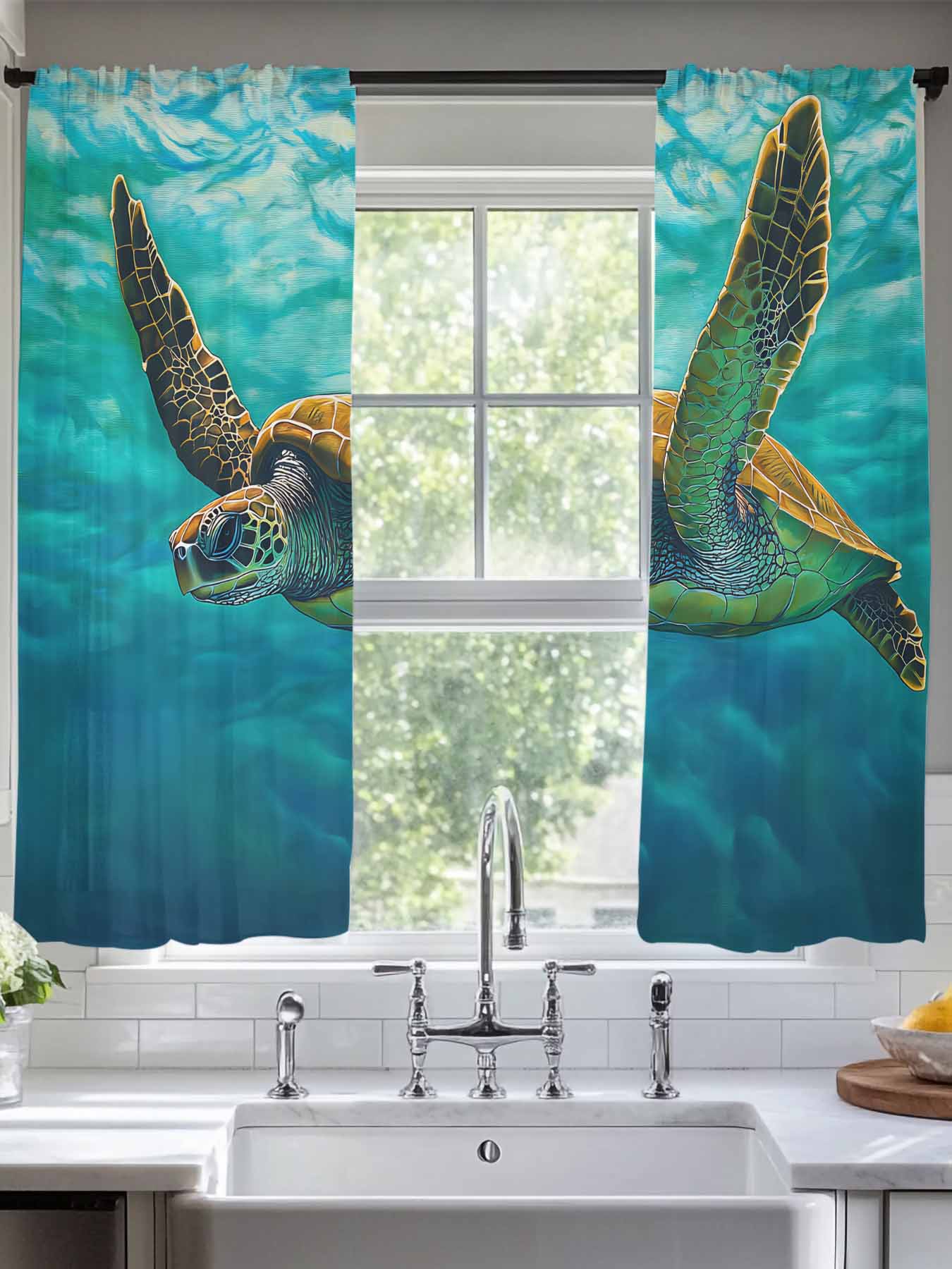 Sea Turtle Coastal Sheer Curtains for Living Room Bedroom Summer Teal ...
