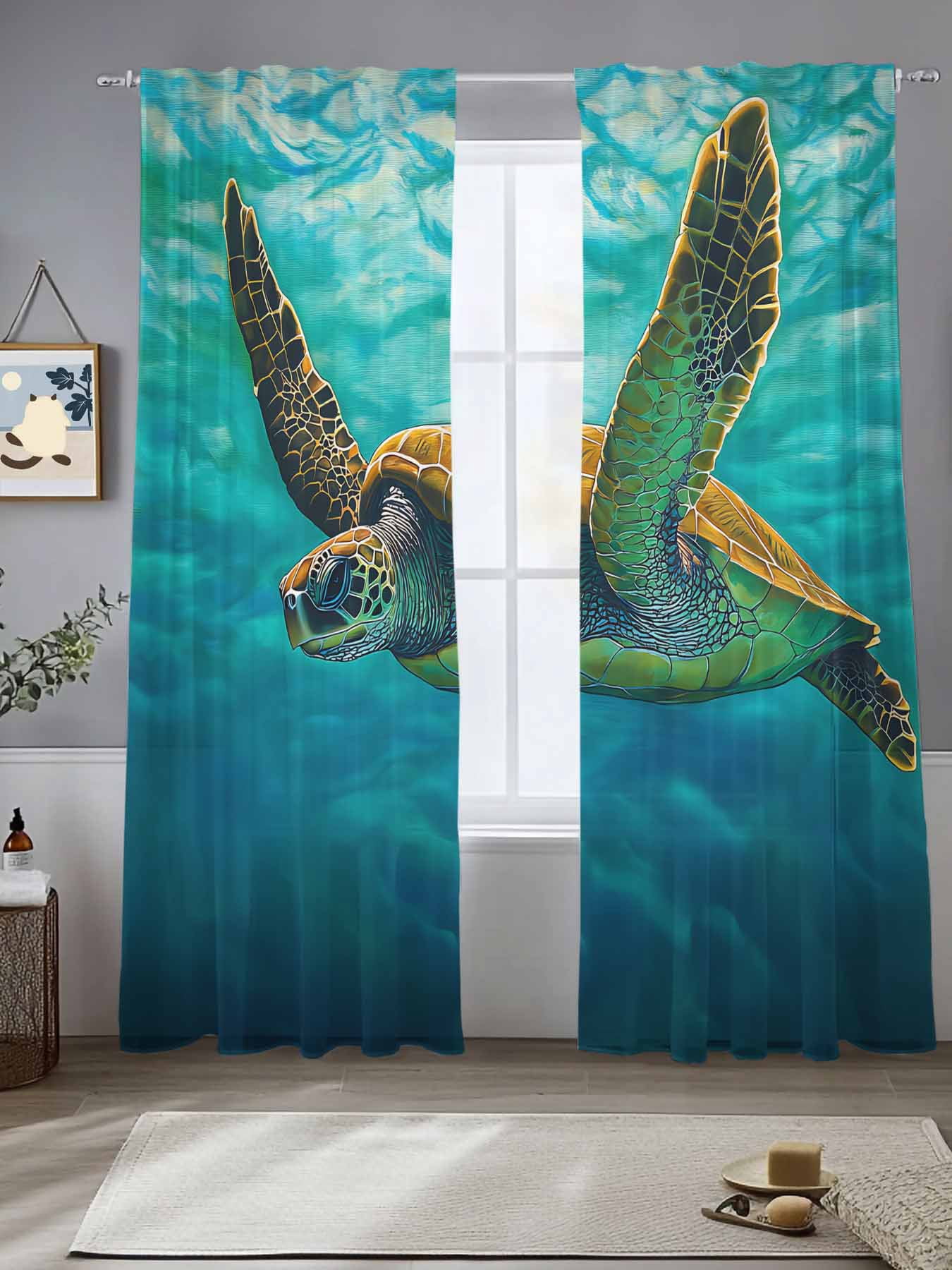 Sea Turtle Coastal Sheer Curtains for Living Room Bedroom Summer Teal ...