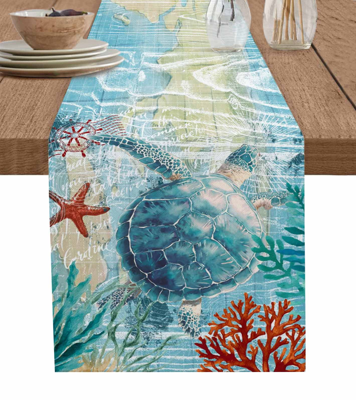Sea Turtle Coastal Table Runner 72 Inches, Nautical Summer Coral Ocean ...