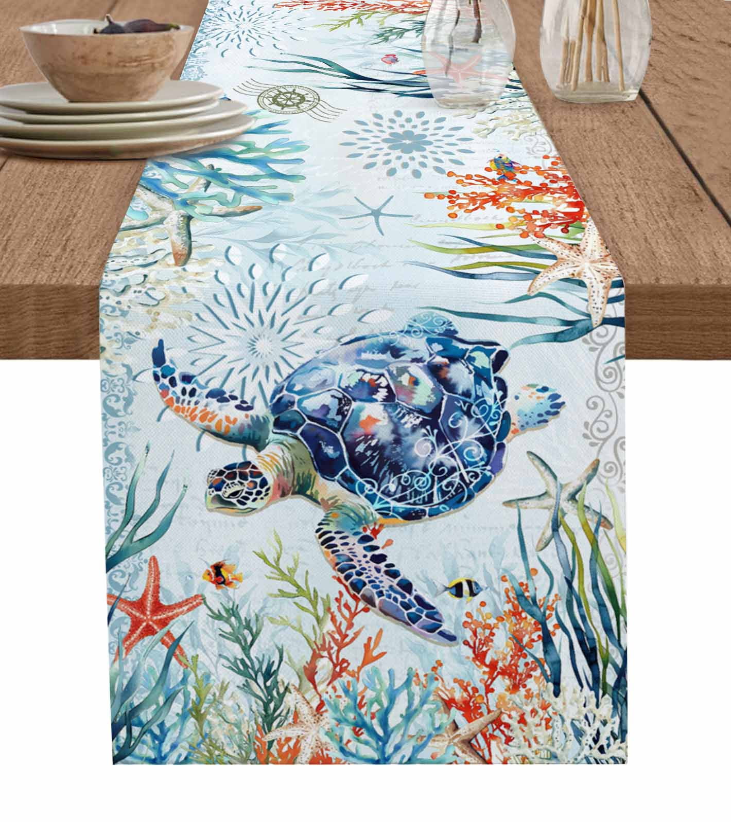 Sea Turtle Coastal Table Runner 72 Inches, Summer Beach Coral Ocean ...