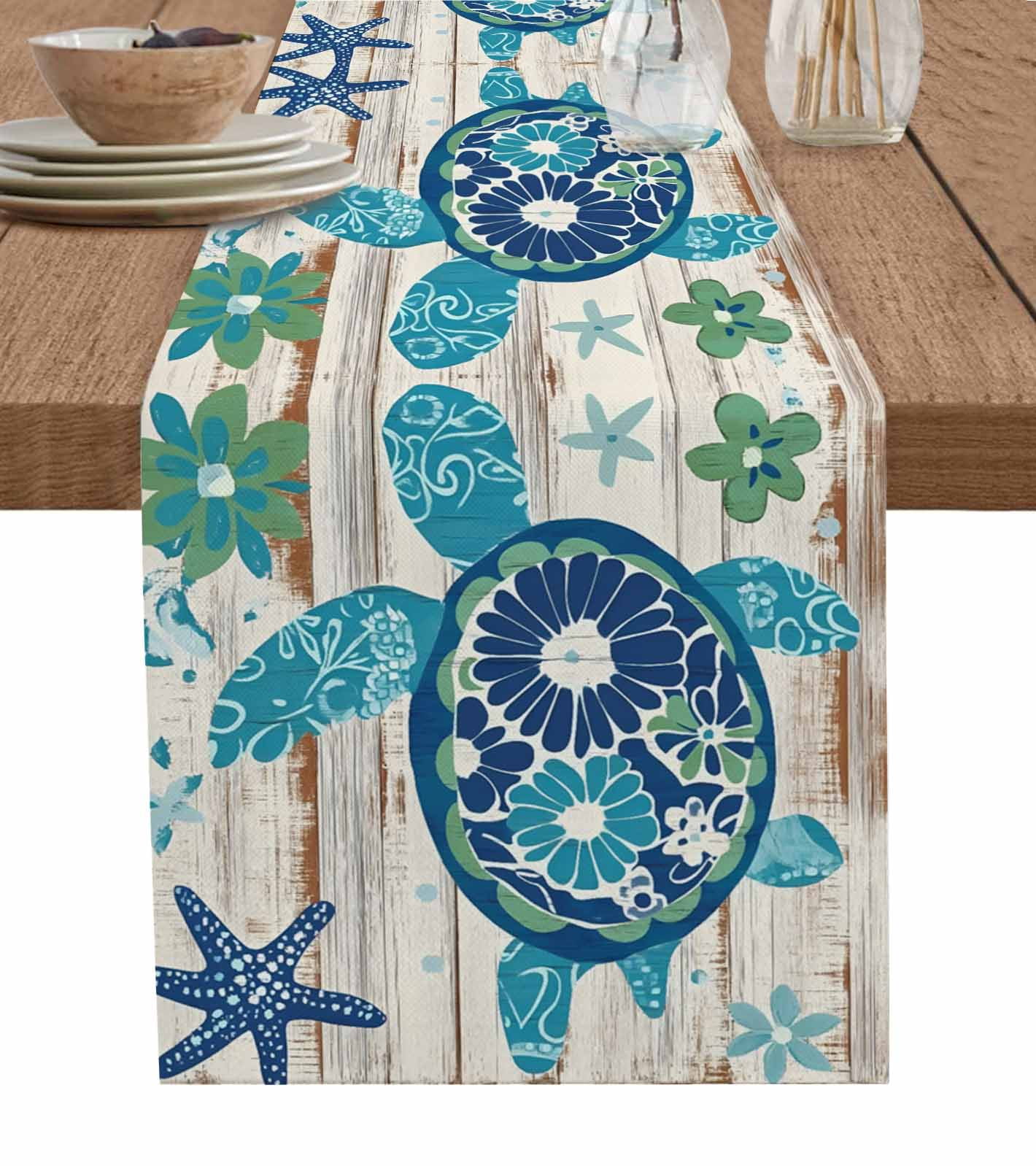 Sea Turtle Coastal Table Runner 90 Inches, Summer Beach Starfish ...