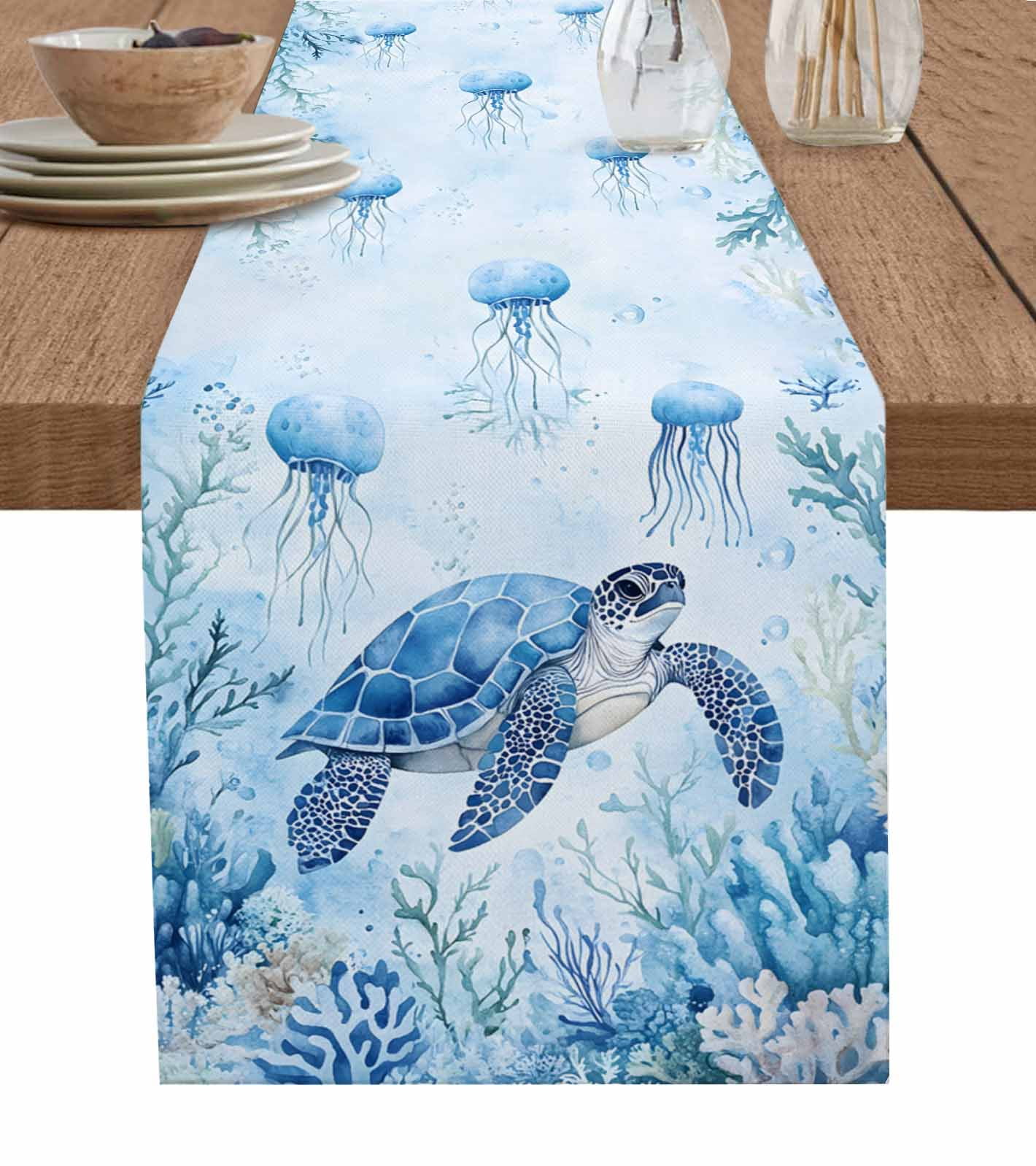 Sea Turtle Coastal Table Runner Blue Summer Beach Coral Jellyfish ...
