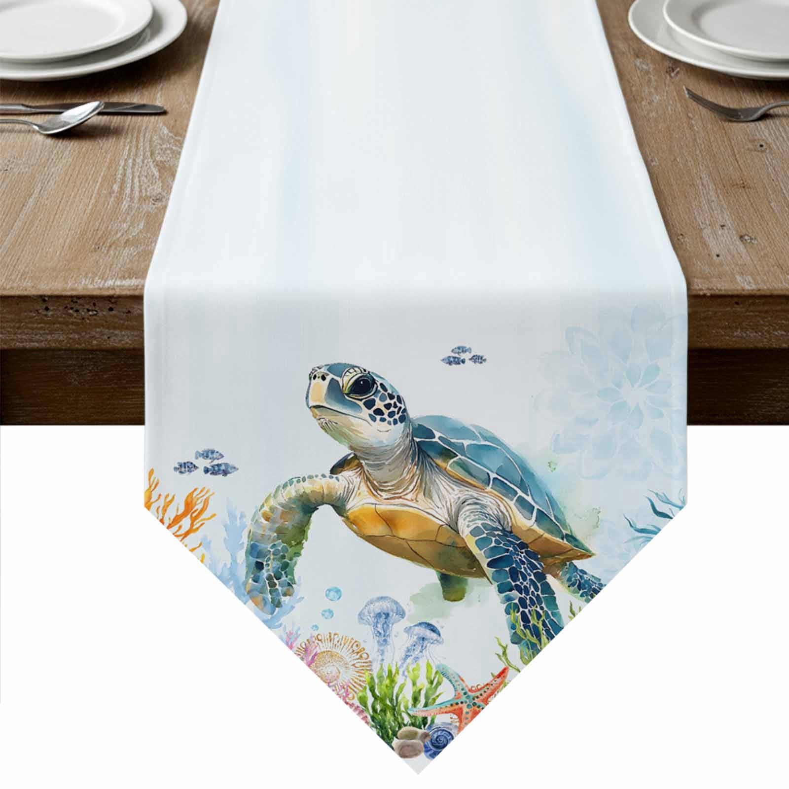 Sea Turtle Coastal Table Runner Linen Burlap Table Runner 70 Inches ...