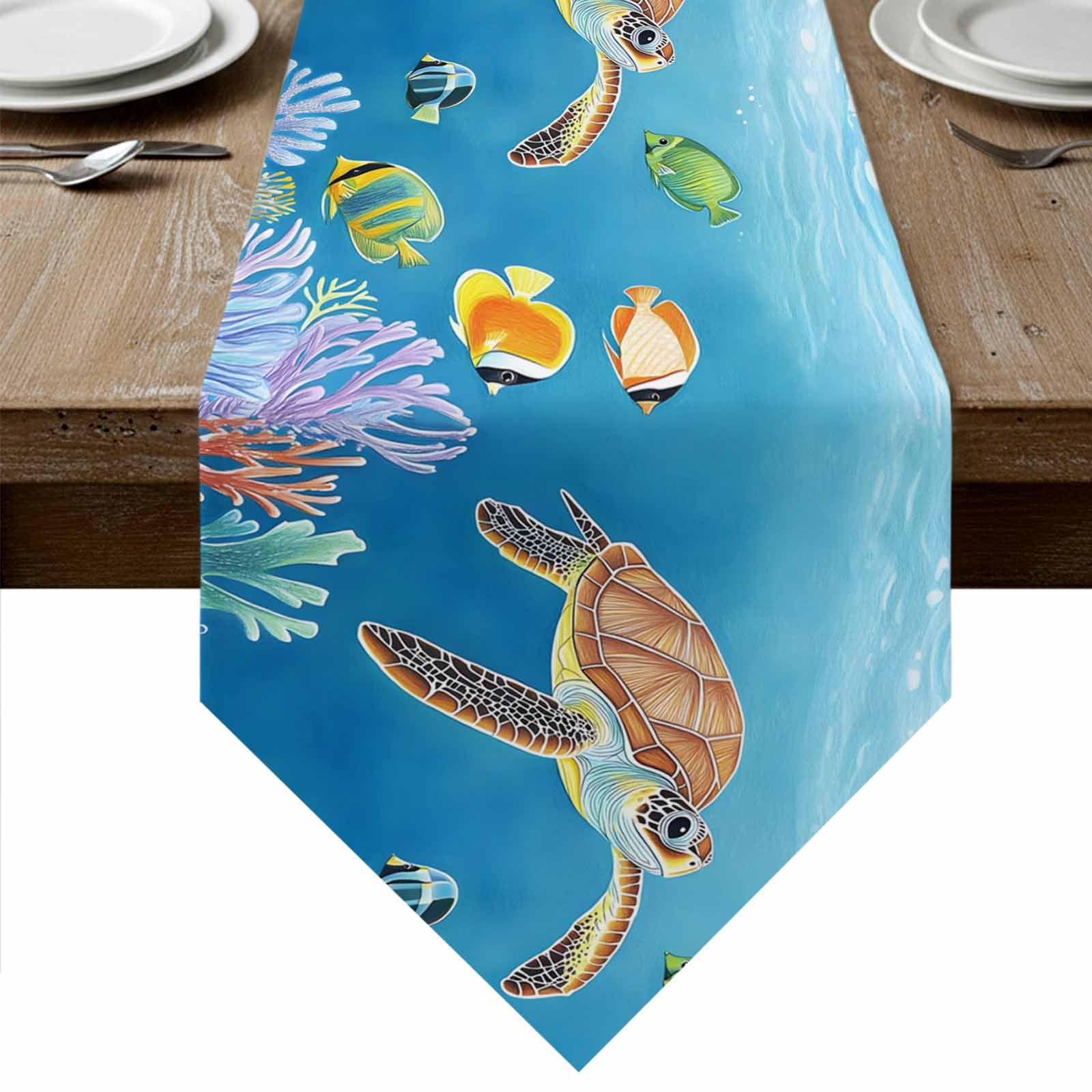 Sea Turtle Coastal Table Runner Linen Burlap Table Runner 70 Inches ...