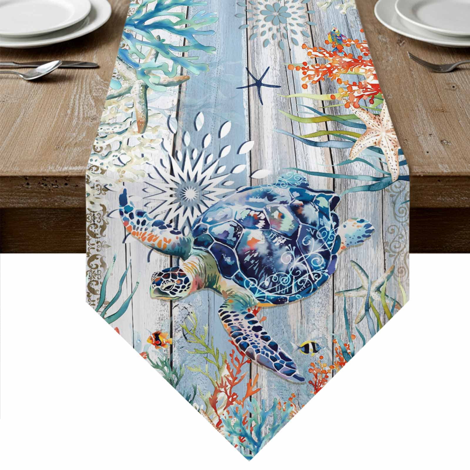 Sea Turtle Coastal Table Runner Linen Burlap Table Runner 72 Inches ...